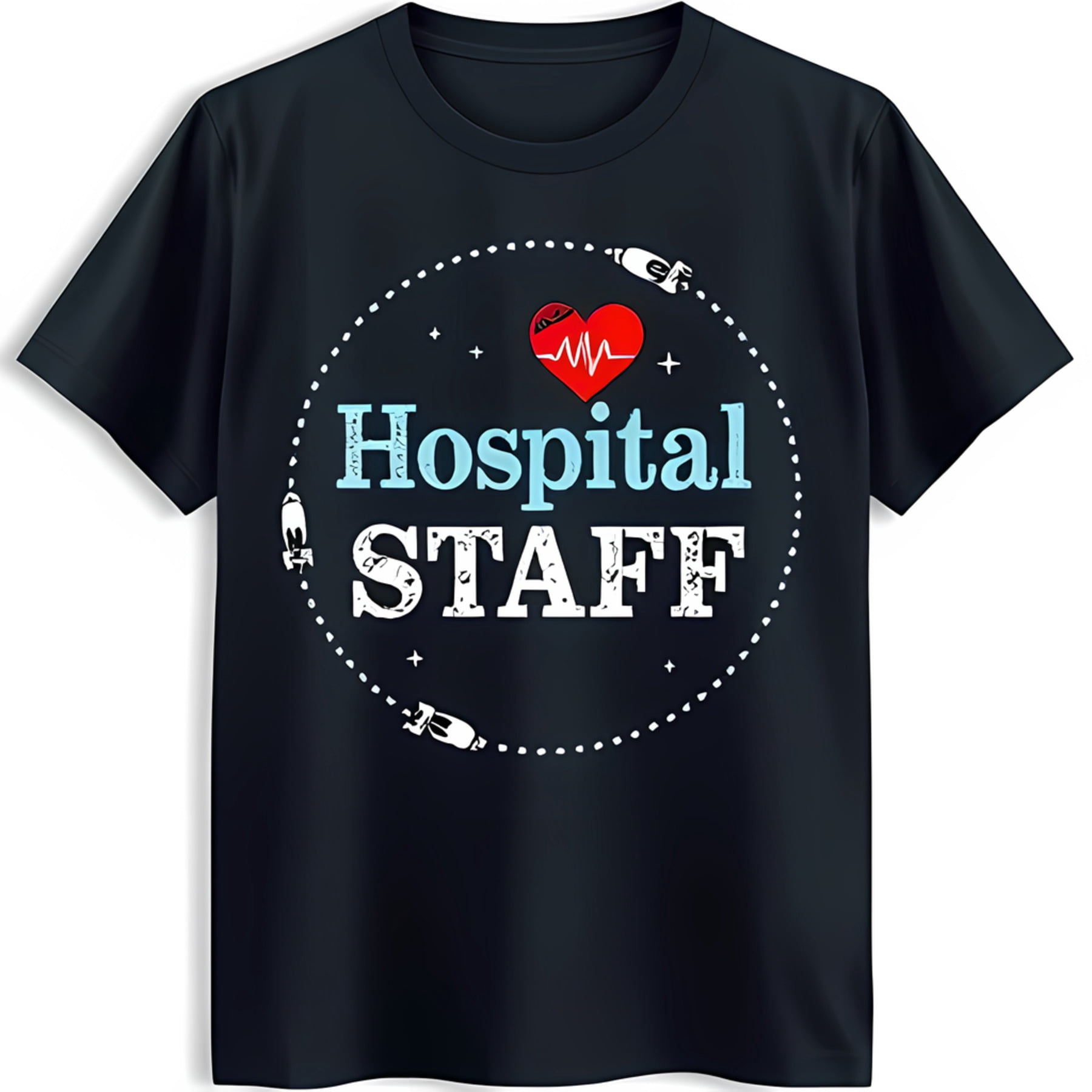Black T-Shirt with Heart EKG Graphic 'Hospital Staff' Design & Stars ...