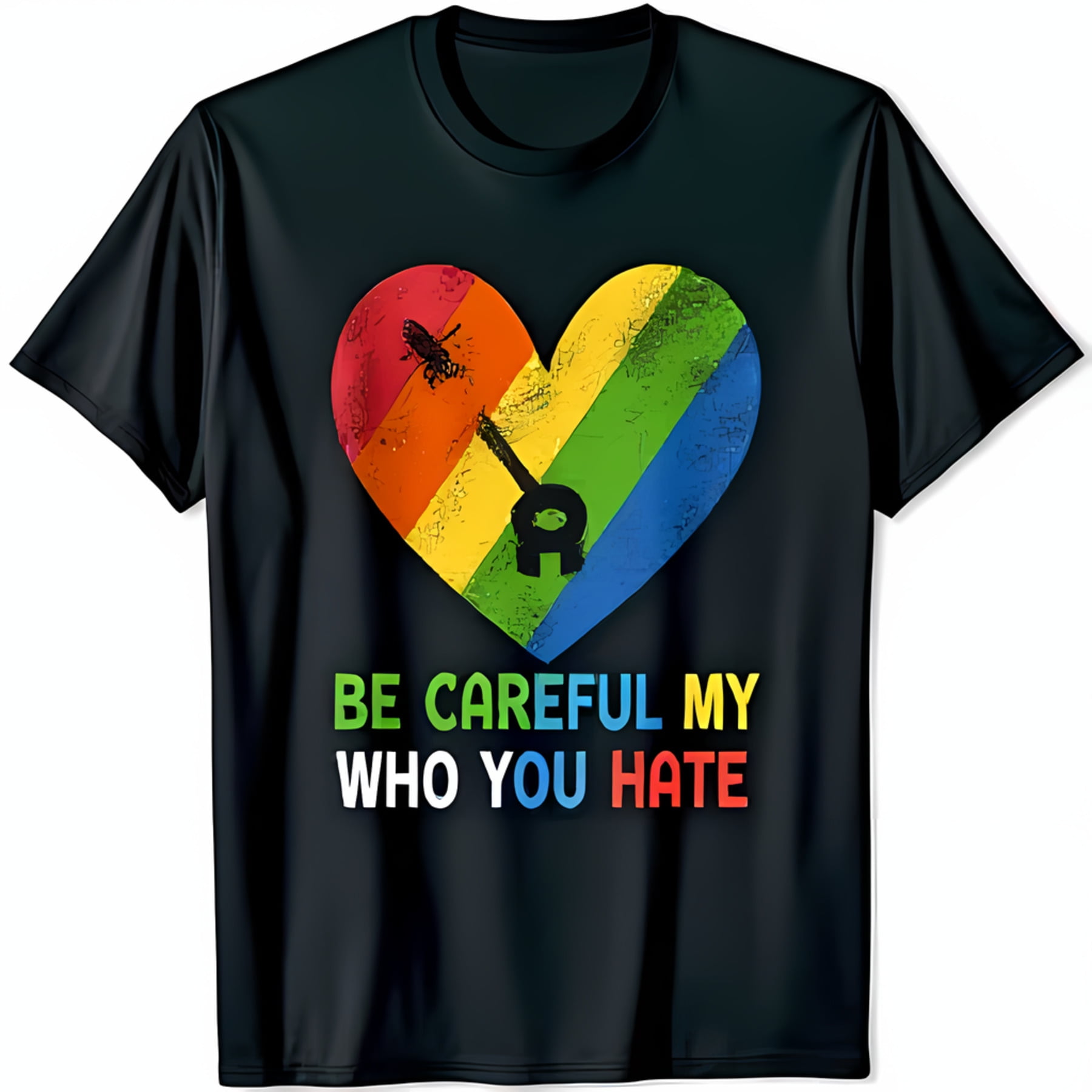 Black T-Shirt with Heart Graphic & 'Be Careful Who You Hate' Text ...