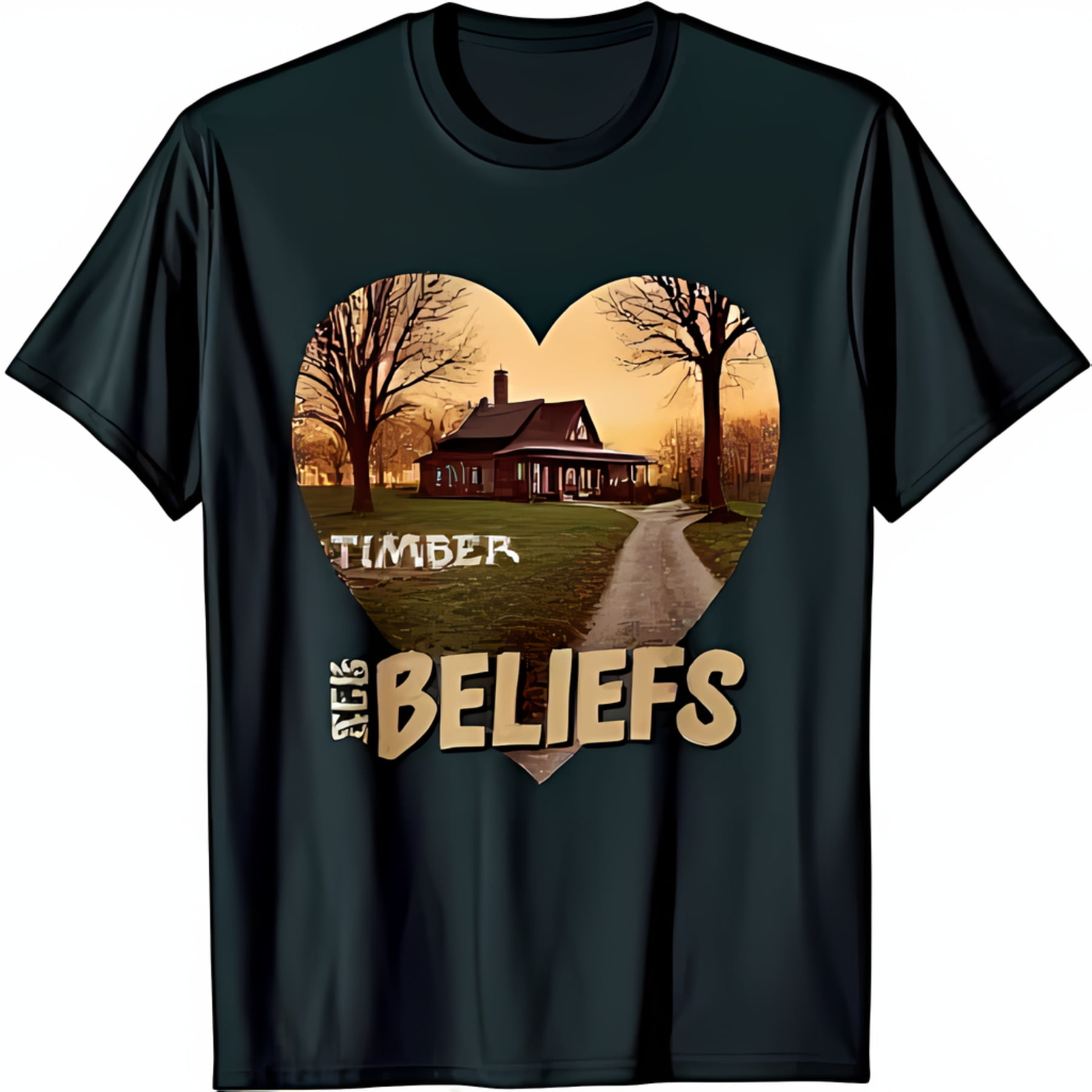 Black T-Shirt with Heart Graphic: Rustic House in Woodland TIMBER YOUR ...