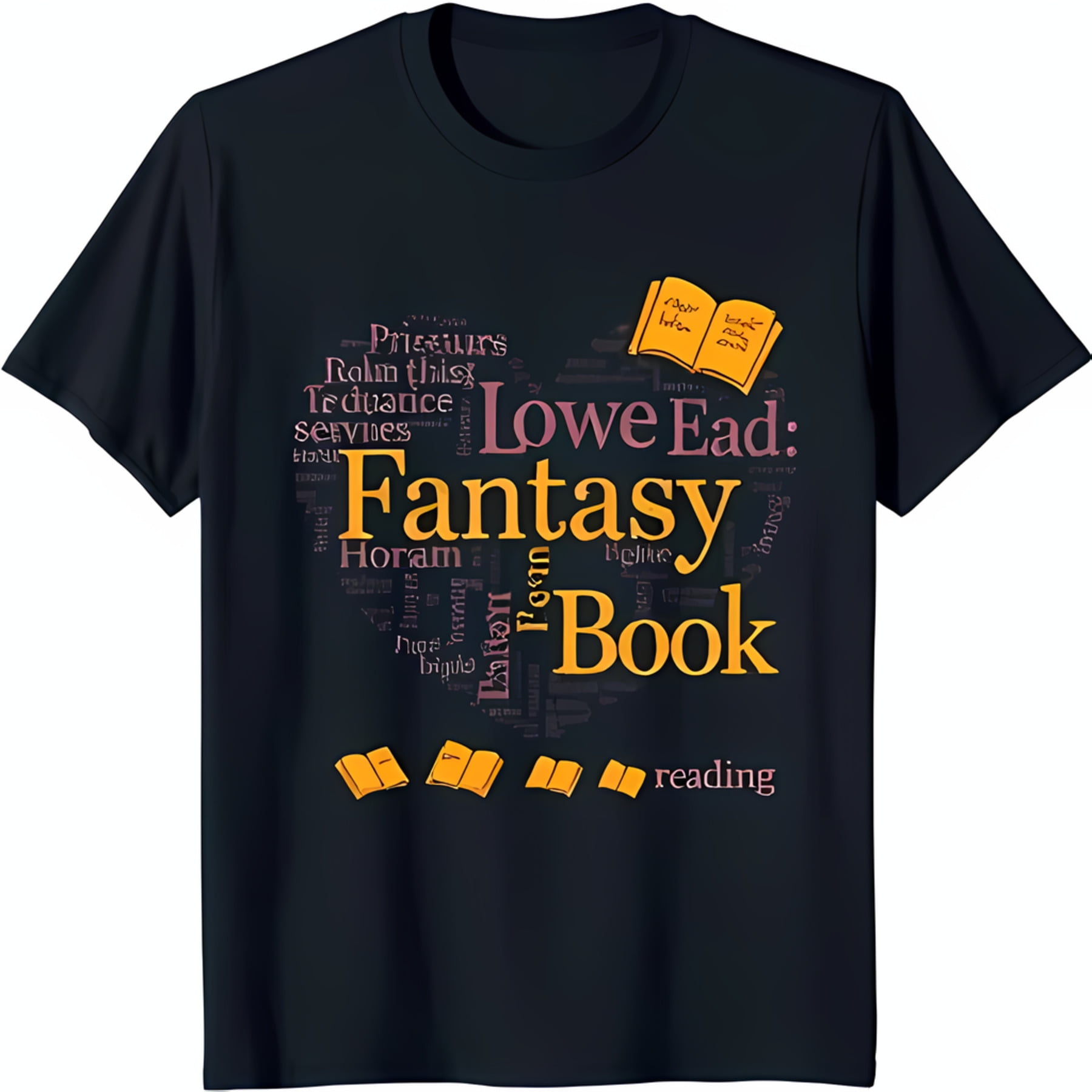Black T-Shirt with Heart Shaped Fantasy Book Word Cloud & Reading ...
