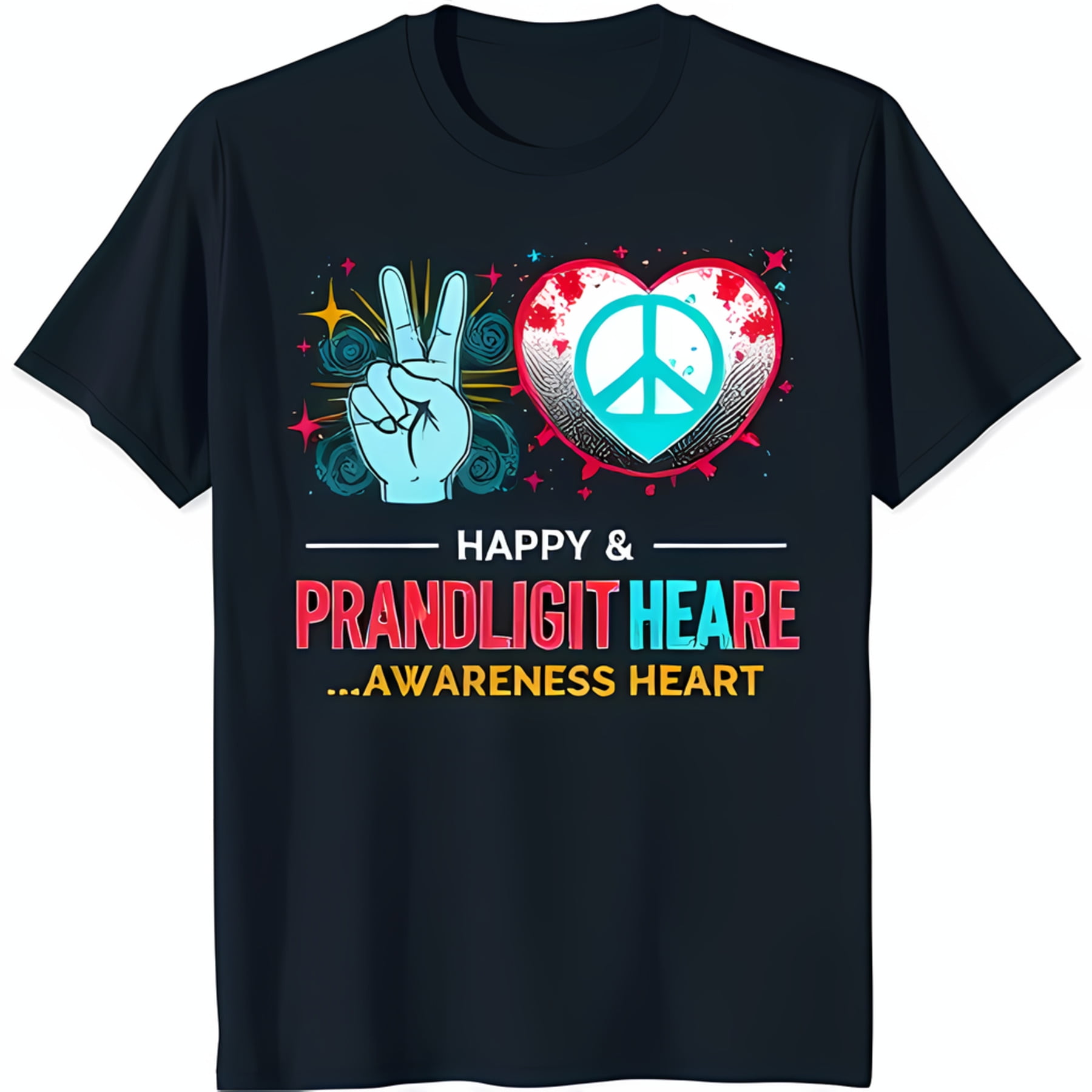 Black T-Shirt with Heart Shaped Peace Sign & Hand Gesture Happy ...