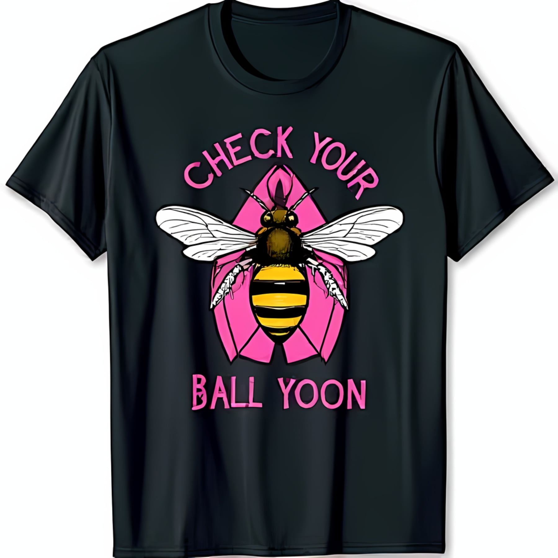 Black T-Shirt with Heart Shaped Pink Ribbon & Bee Check Your Ball Yoon ...