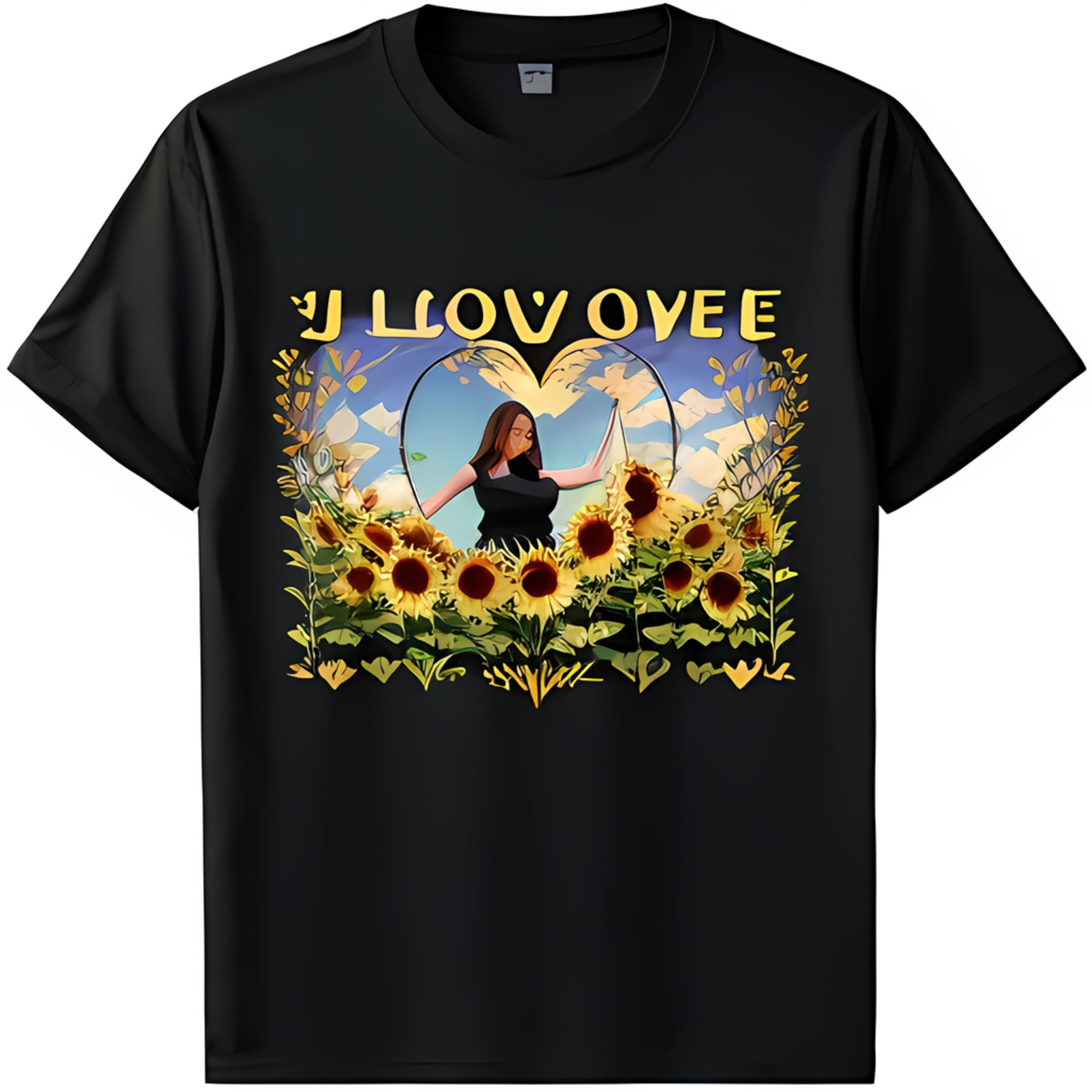 Black T-Shirt with Heart Shaped Sunflower Design and JLLOV OVE E Text ...