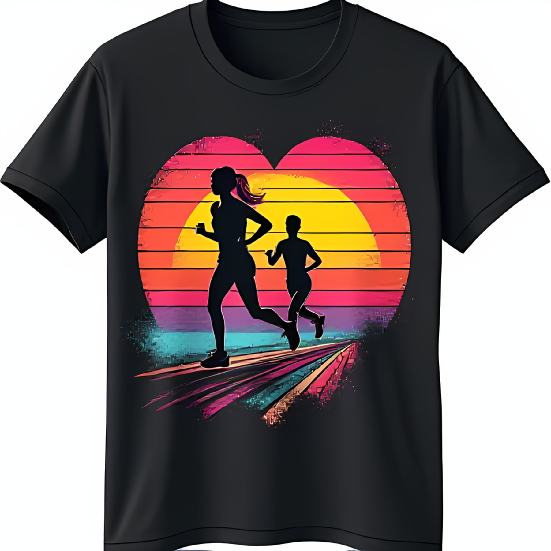 Black T-Shirt with Heart Shaped Sunset Graphic & Running Silhouettes ...