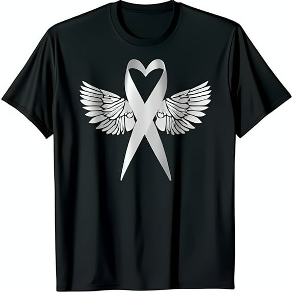 Black T-Shirt with Heart Shaped White Ribbon Design and Wings Support ...