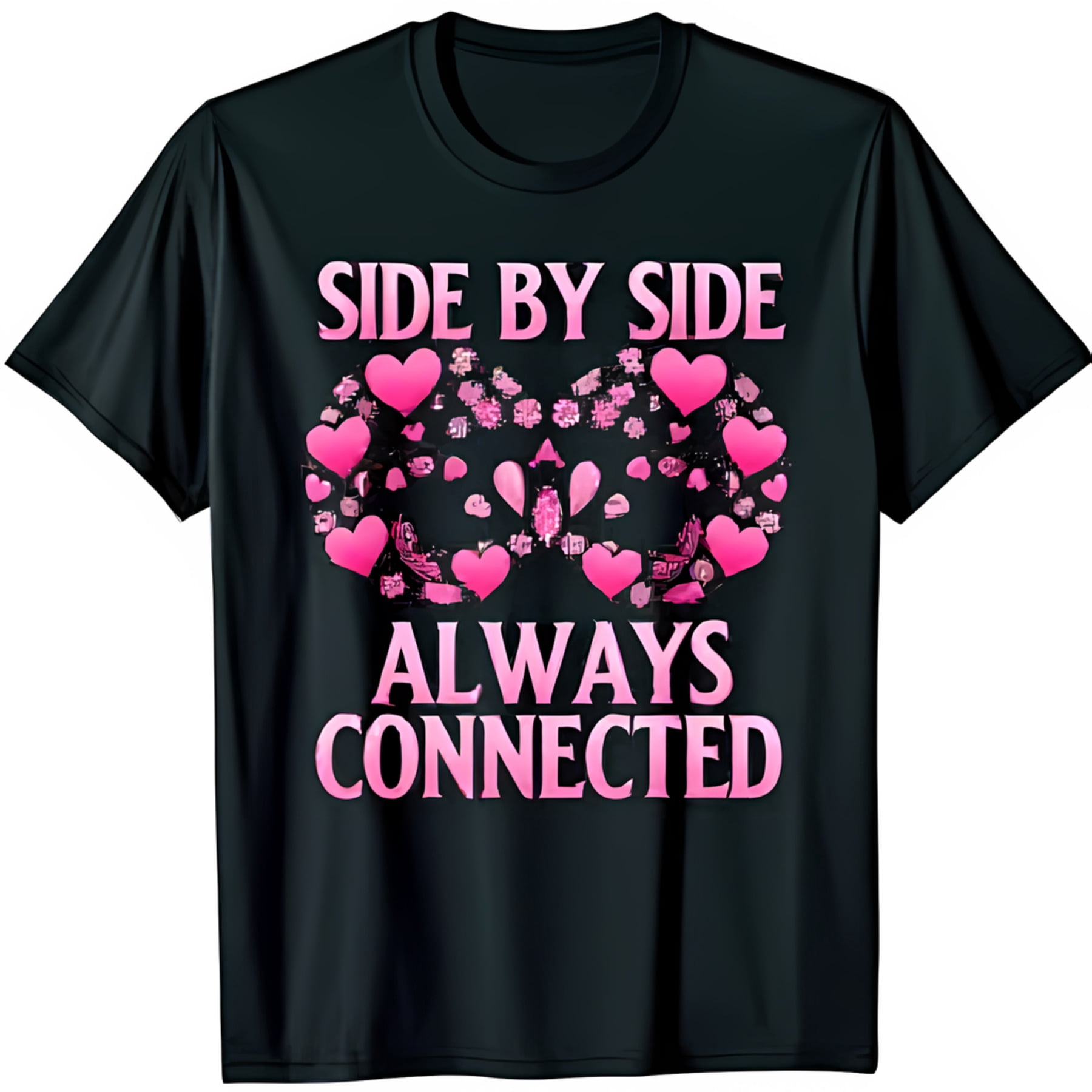 Black T-Shirt with Heart Symbol & Side by Side Always Connected Graphic ...