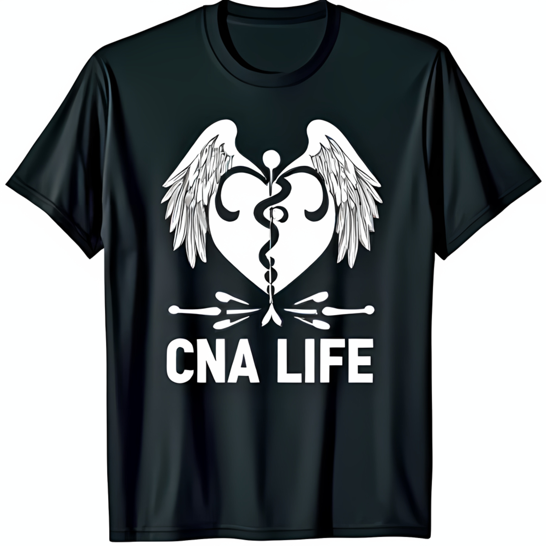 Black T-Shirt with Heart & Wings Graphic CNA Life Design Caduceus ...