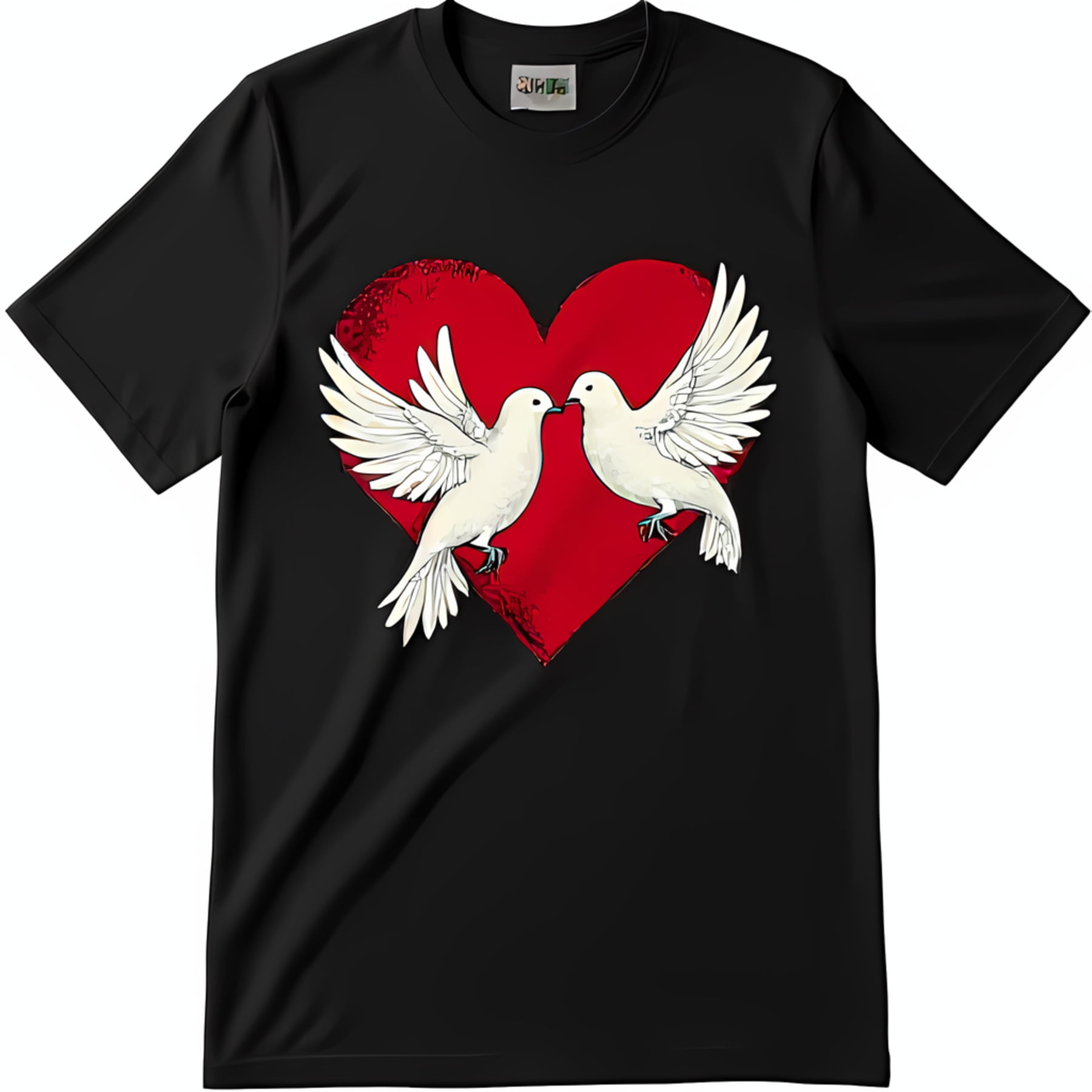 Black T-Shirt with Heart and Doves Design Embrace Emotions and Harmony ...