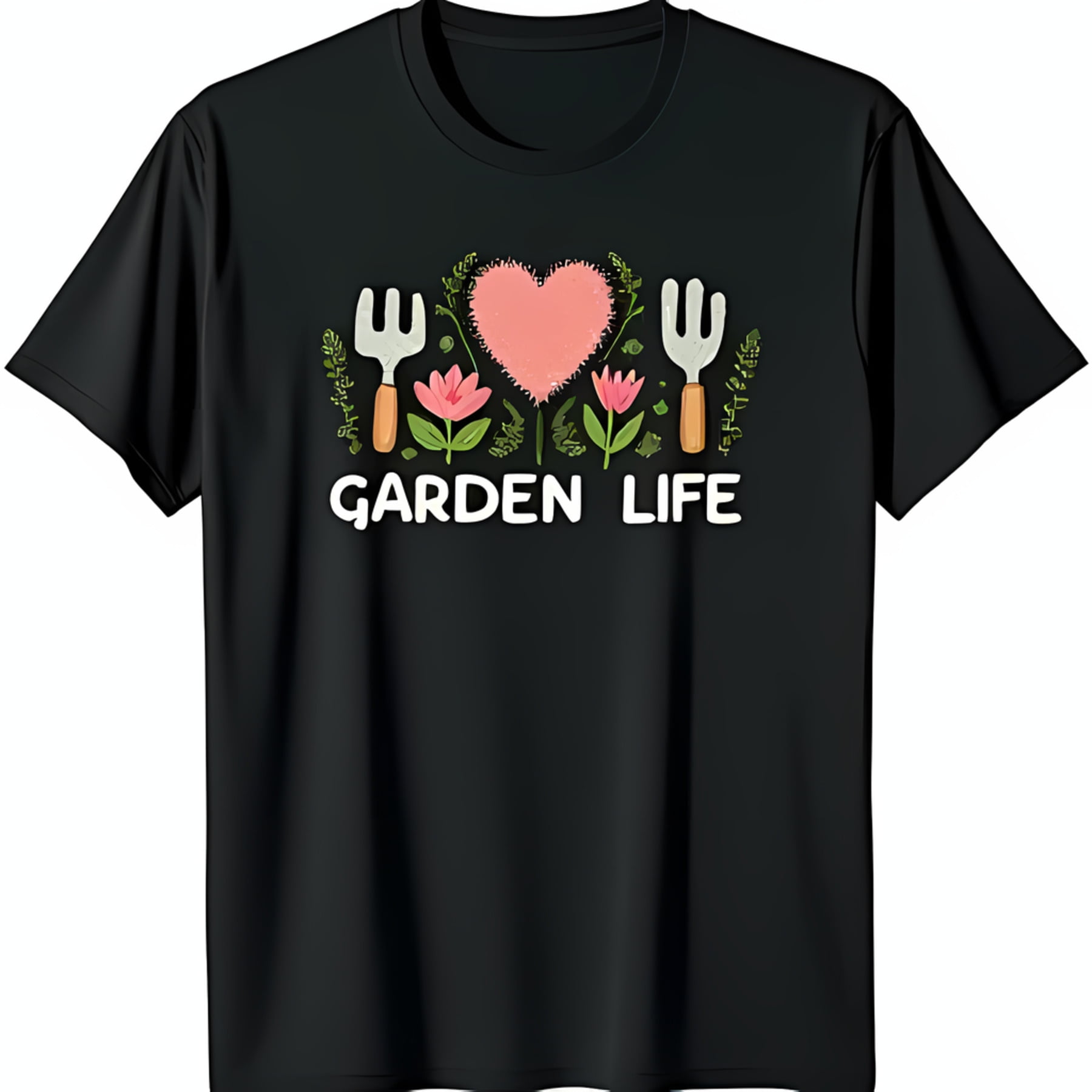 Black T-Shirt with Heart and Gardening Tools Graphic GARDEN LIFE Design ...