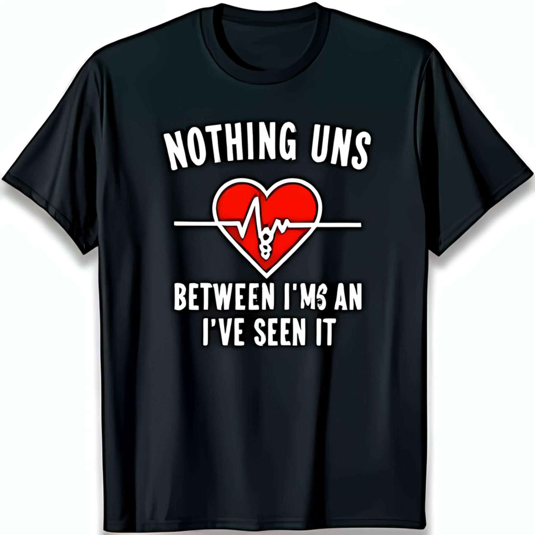 Black T-Shirt with Heartbeat Graphic & Bold Text 'NOTHING UNS BETWEEN I ...