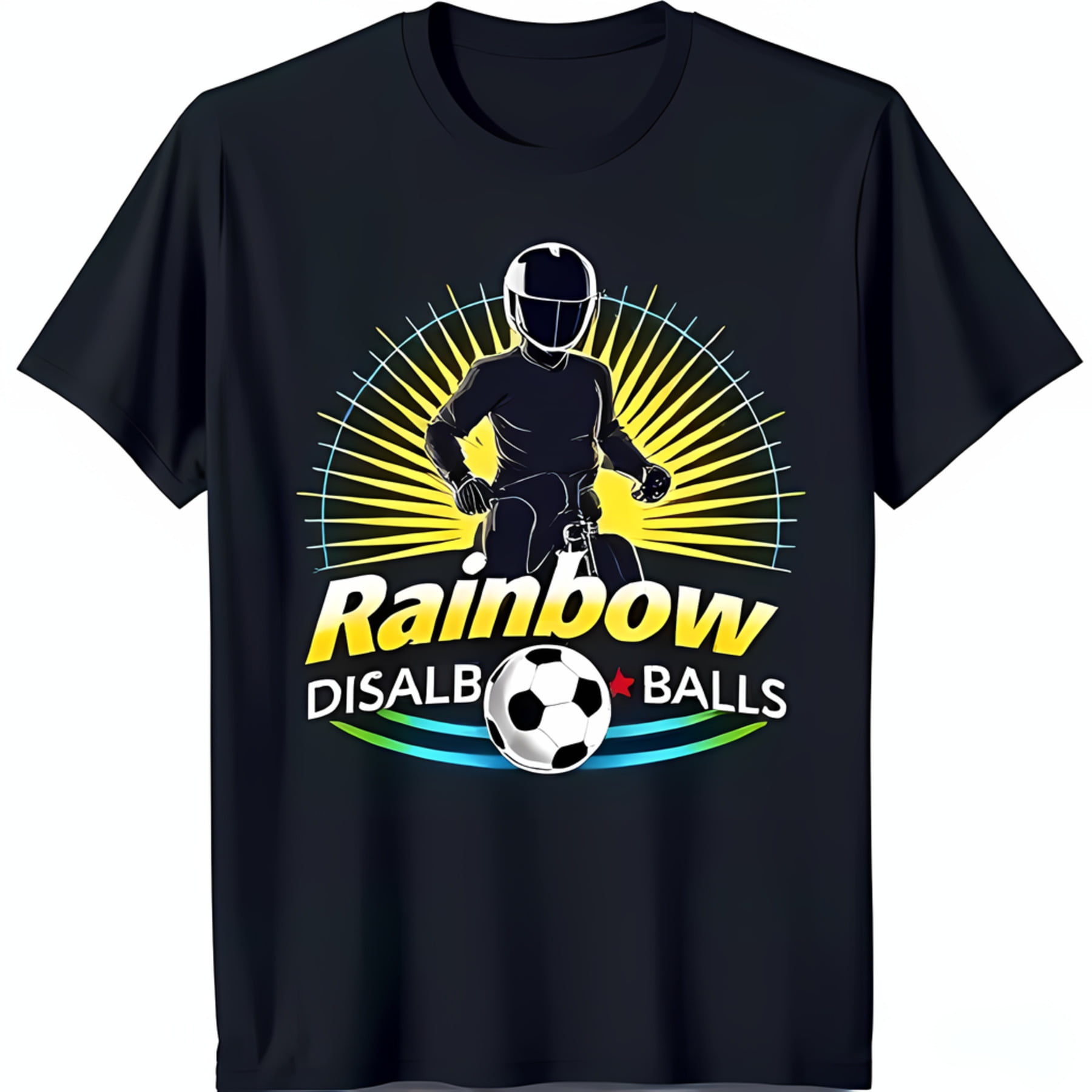 Black T-Shirt with Helmeted Biker Soccer Ball Design & Sun 'Rainbow ...