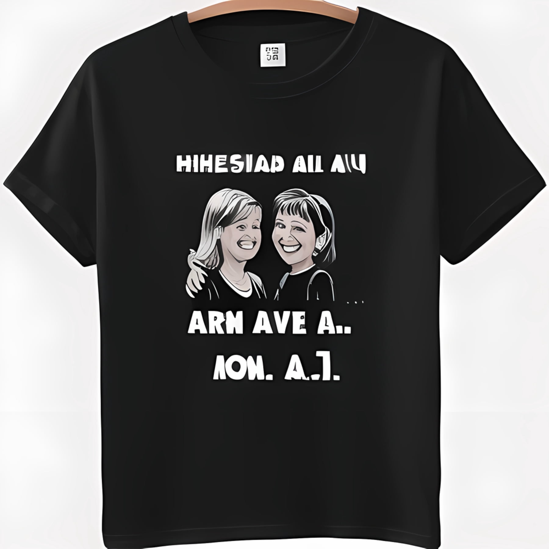 Black T-Shirt with 'Hhon A I ' & Smiling Women Illustration Sarah ...