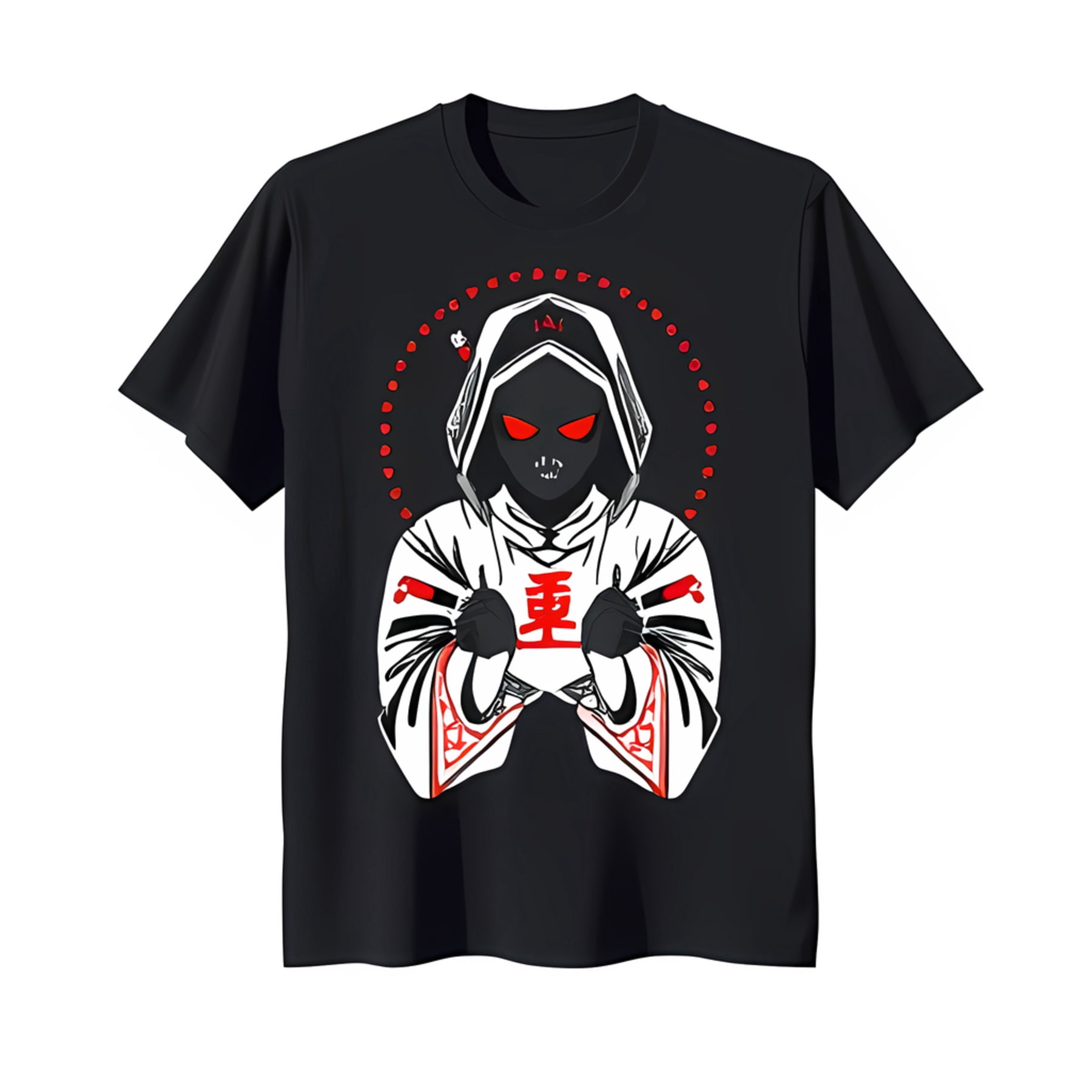 Black T-Shirt with Hooded Figure Red Eyes & Mask Heart Circle Design ...