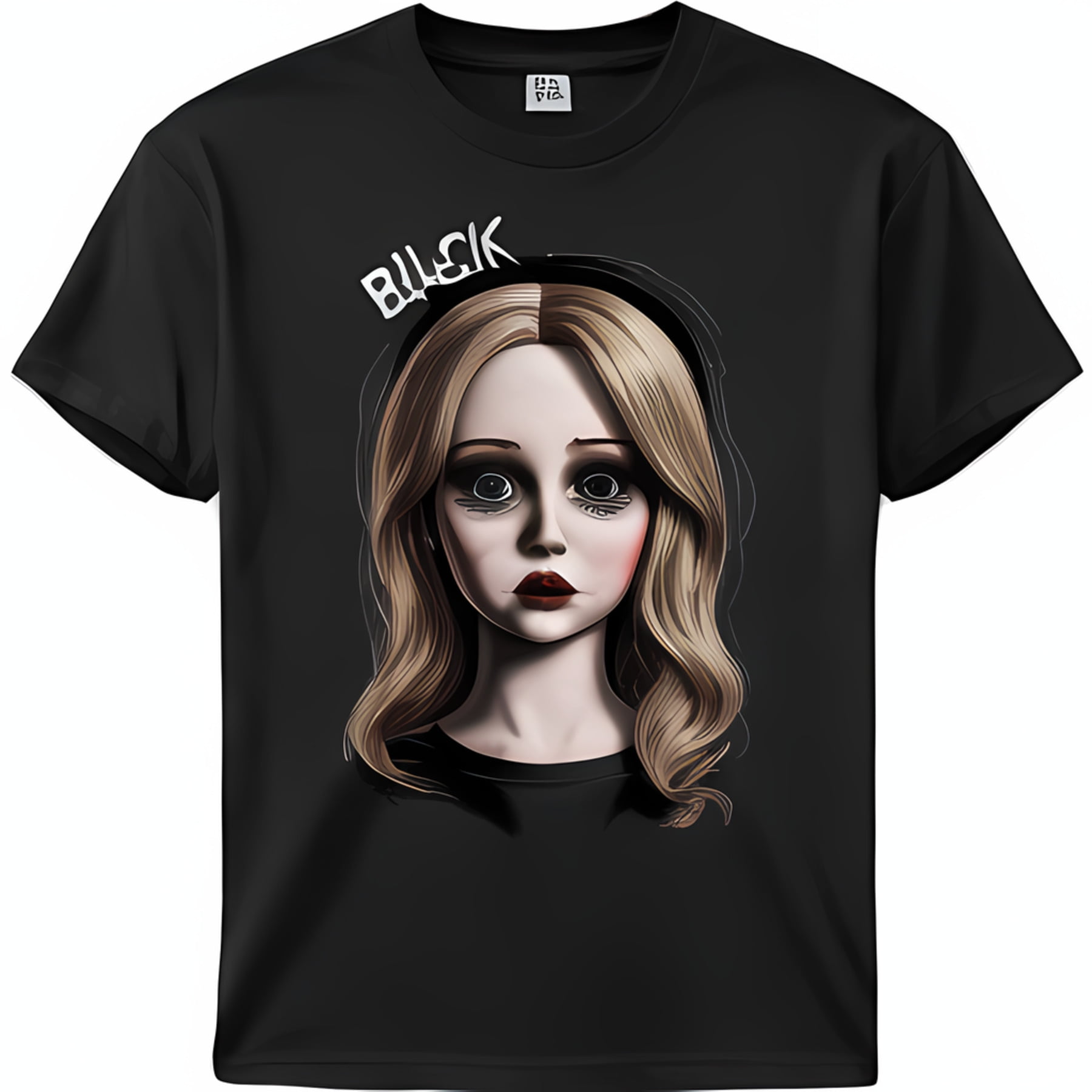 Black T-Shirt with Horror Girl Cartoon Design Hair Black Eyes Annotated ...