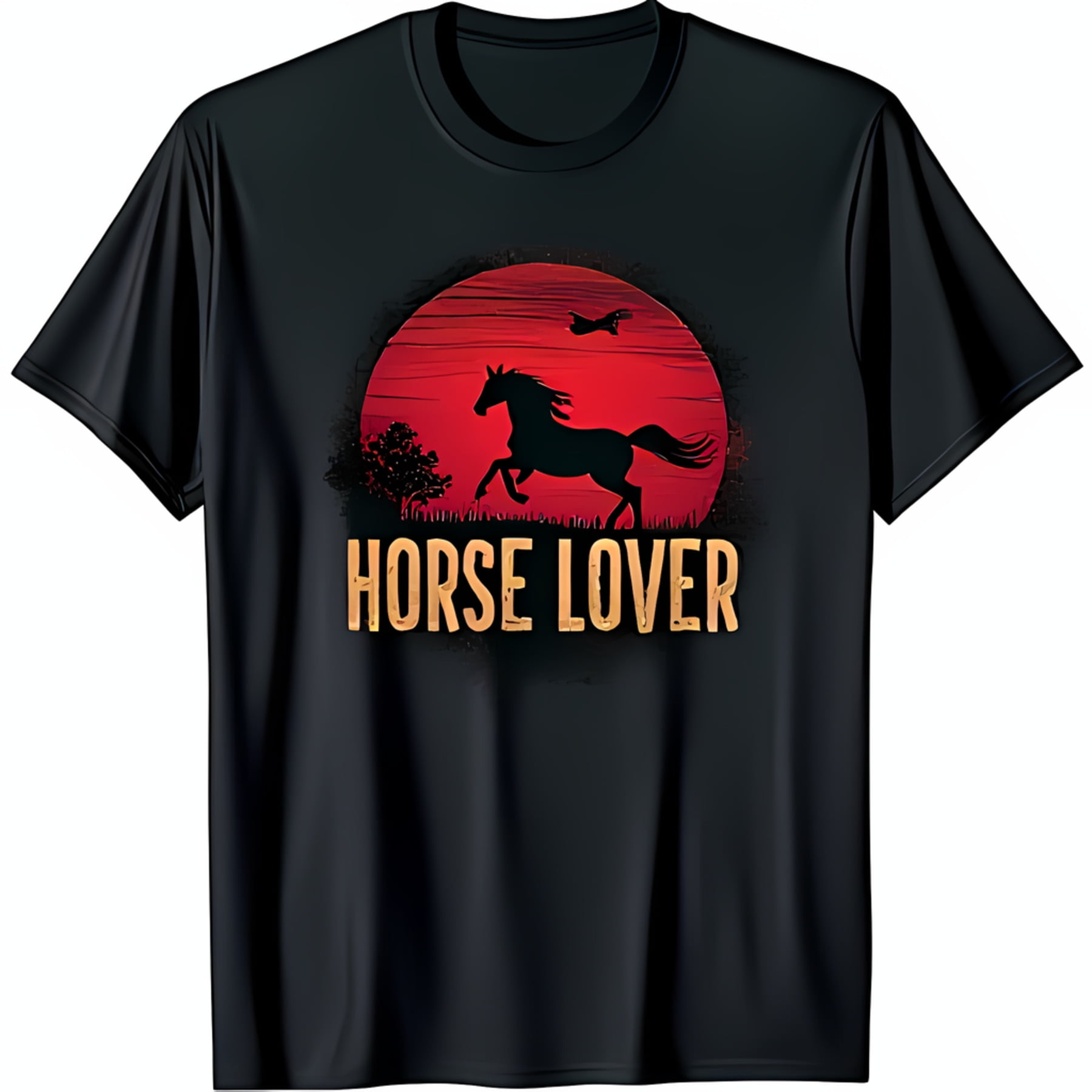 Black T-Shirt with Horse Running Against Red Sunset Horse Lover Design ...