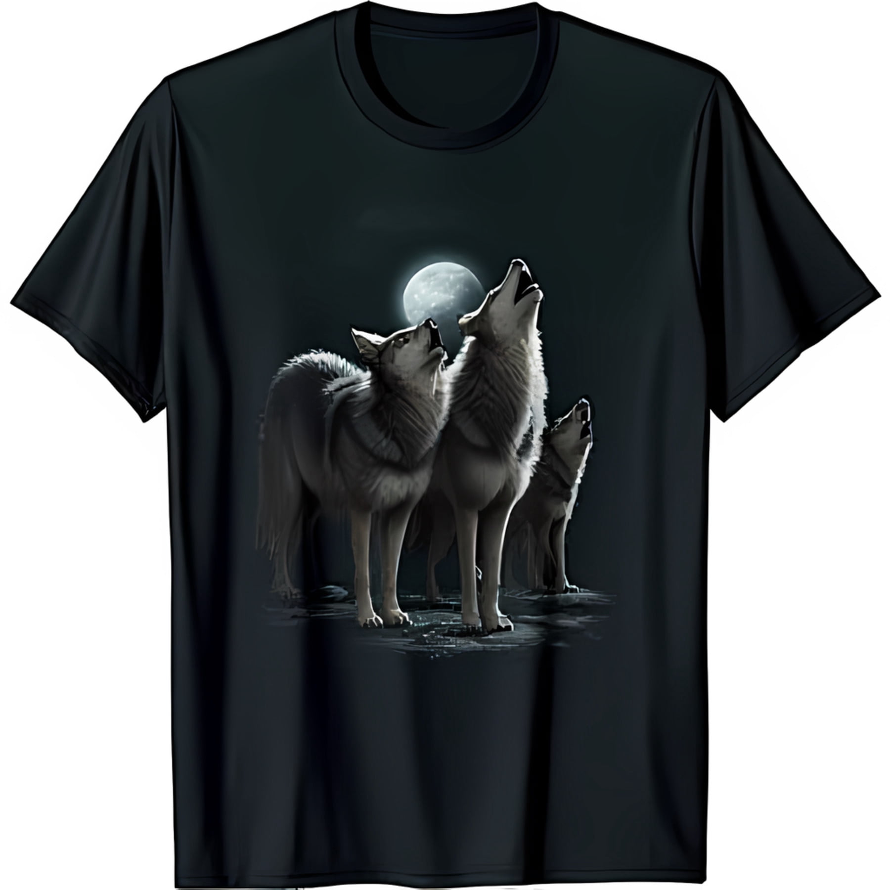 Black T-Shirt with Howling Wolves Graphic in Dark Forest & Moon Design ...