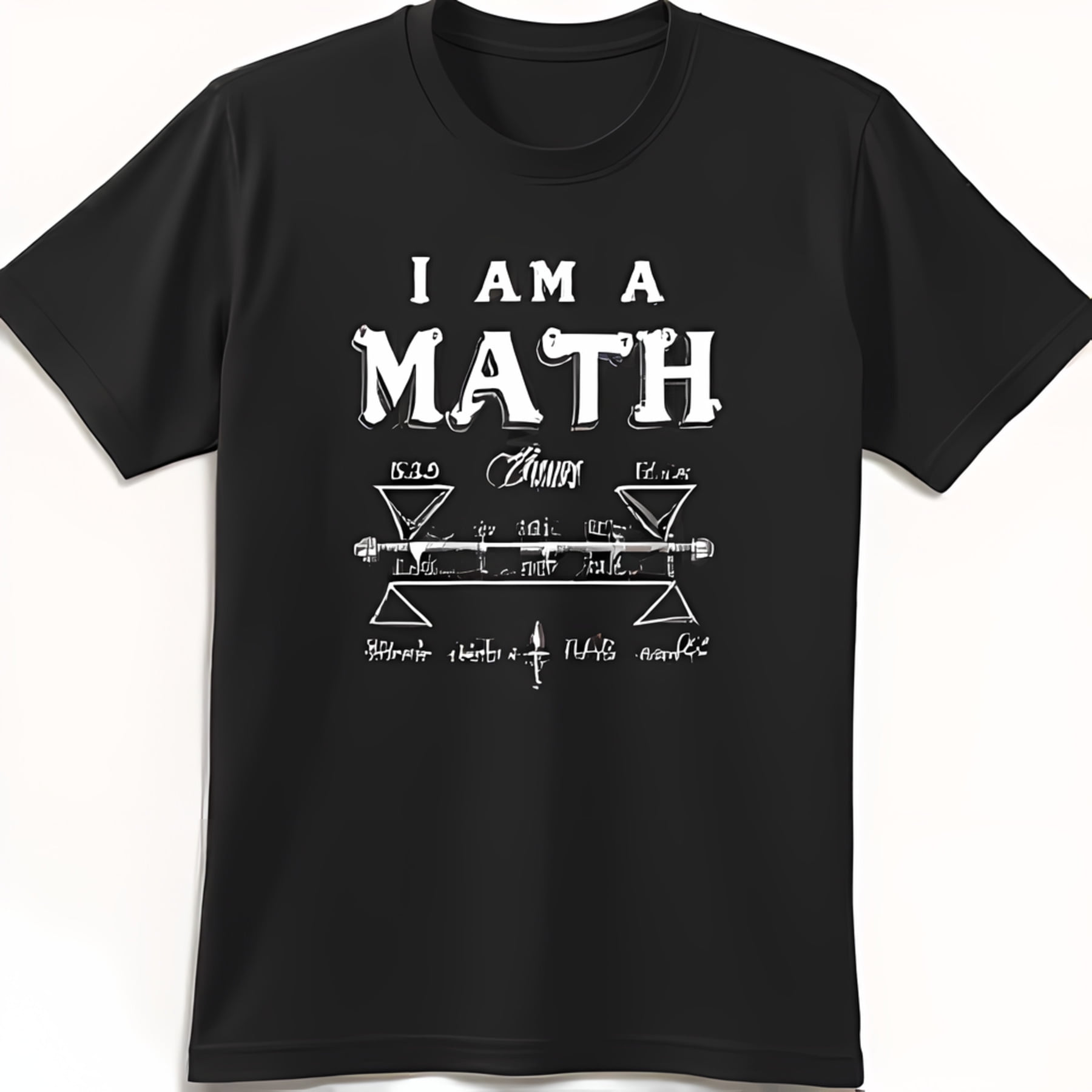 Black T-Shirt with I AM A MATH Design & Physics Equation Balance Scale ...