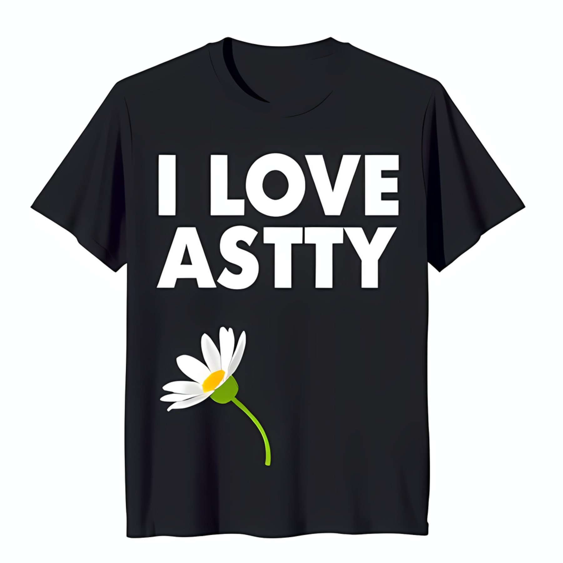 Black T-Shirt with 'I LOVE ASTTY' in Bold White Letters & Cute Daisy ...