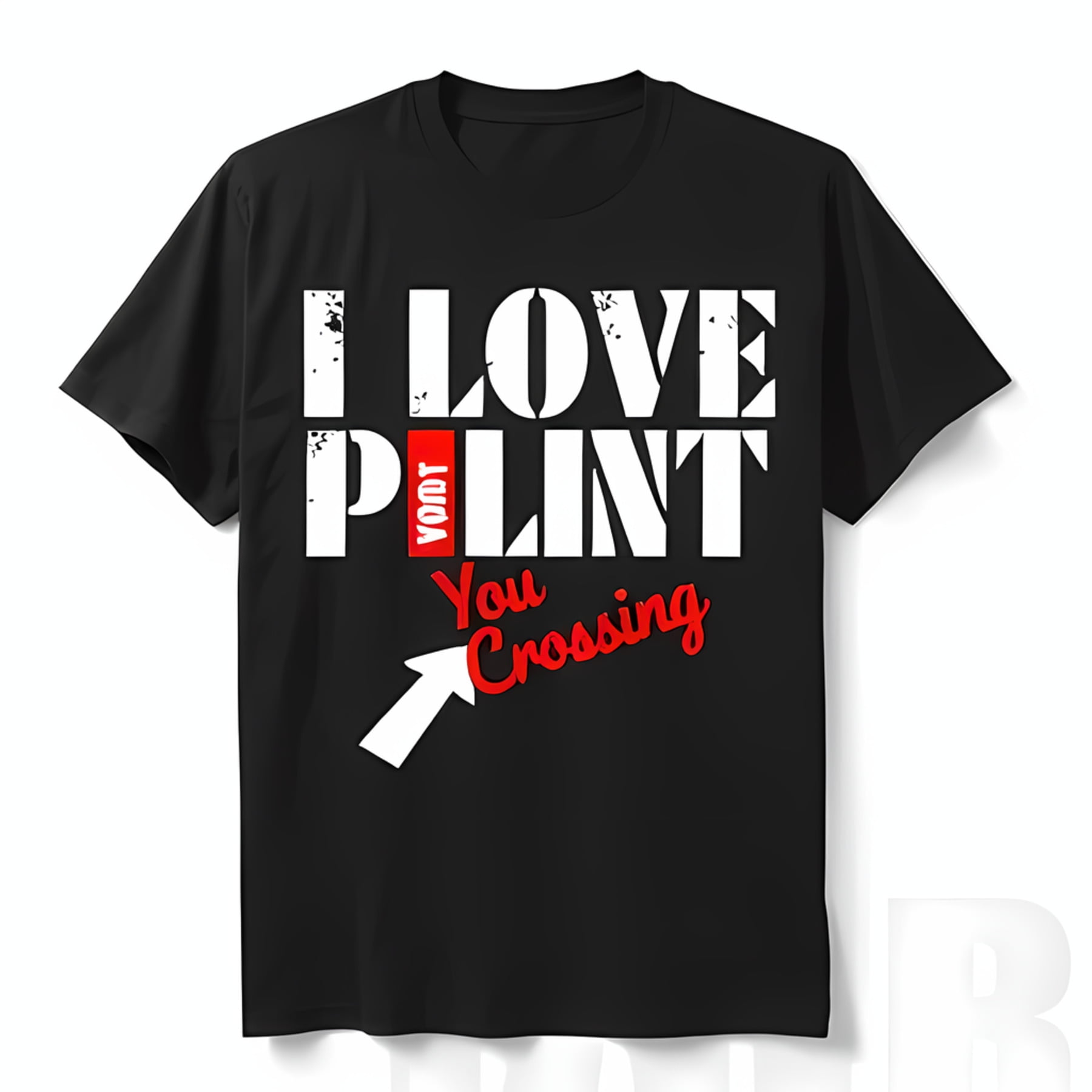Black T-Shirt with 'I Love Plint' Graphic Red 'You' Rectangle & Arrow ...