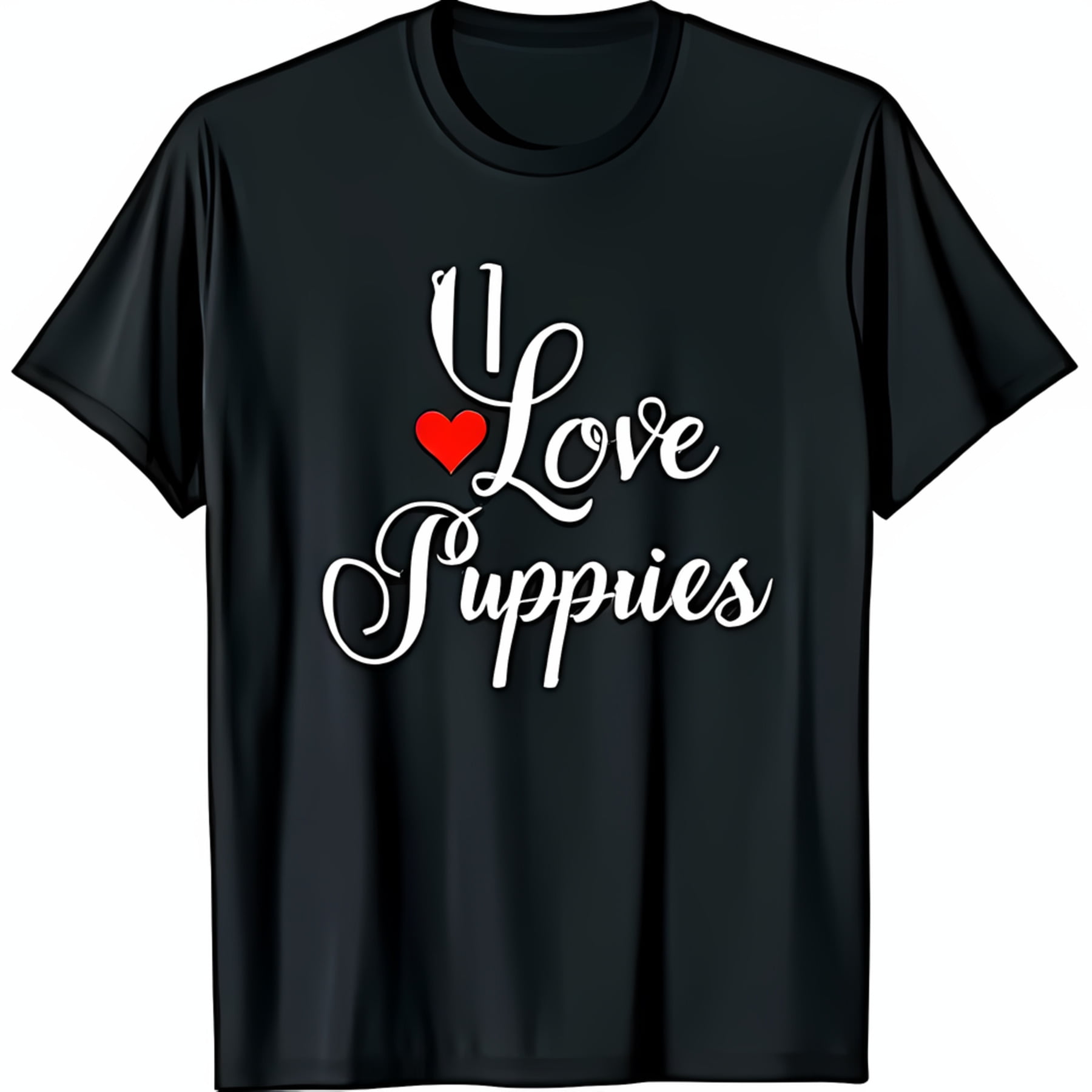Black T-Shirt with I Love Puppies Cursive Graphic & Heart Design ...