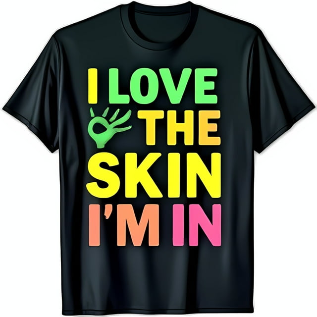 Black T-Shirt with 'I Love The Skin I'm In' Slogan & Handprint Design ...