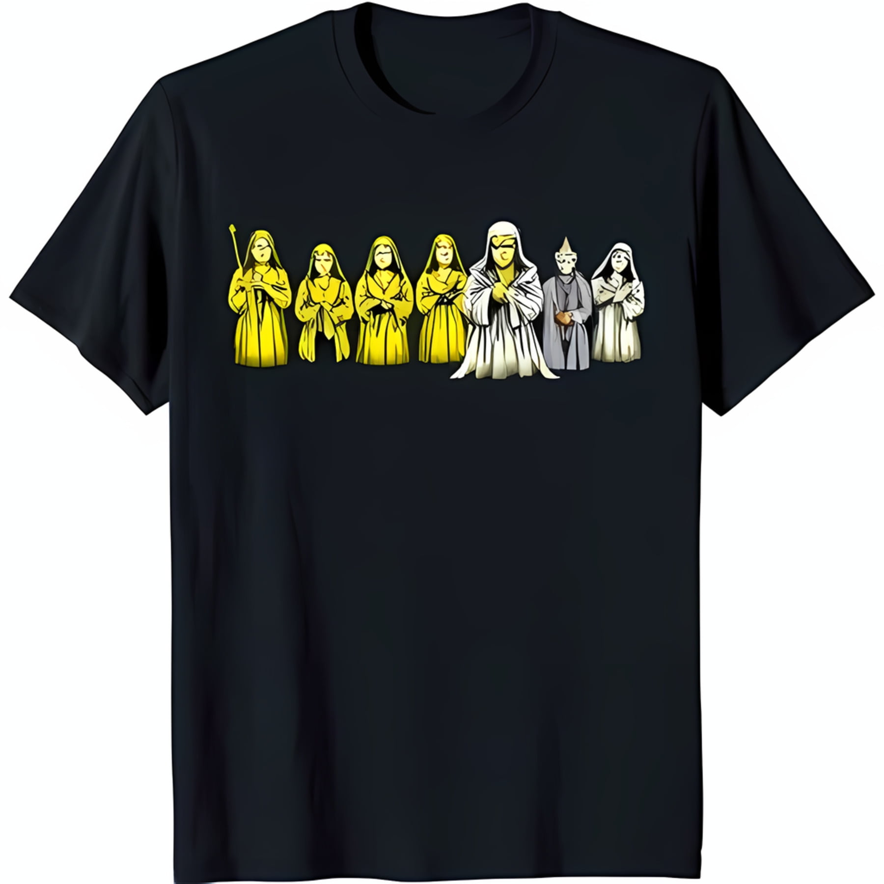 Black T-Shirt with Inspired Design: Yellow Robes & Central White Robe ...