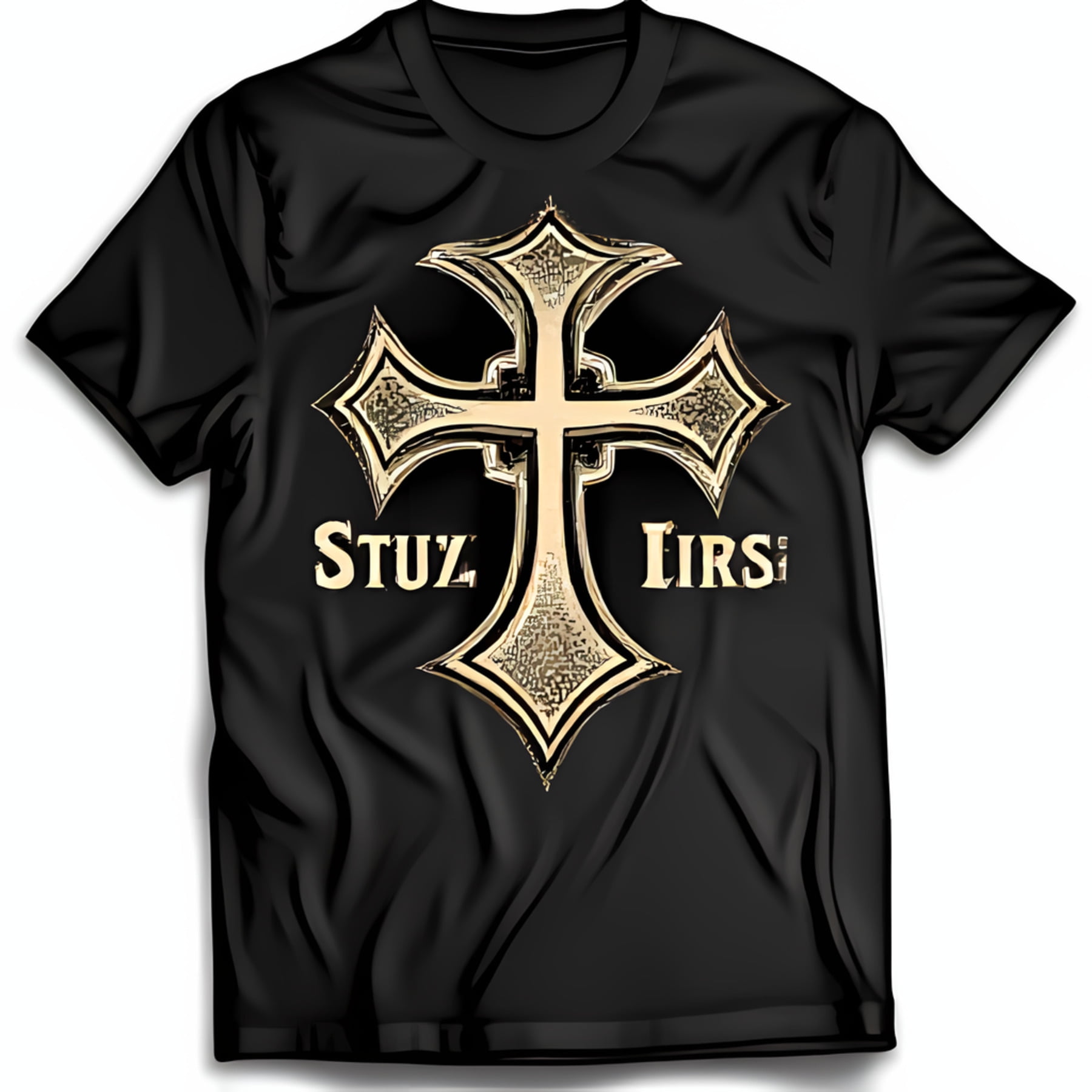 Black T-Shirt with Intricate Gold Design and STUZ IRSI Text Faith ...