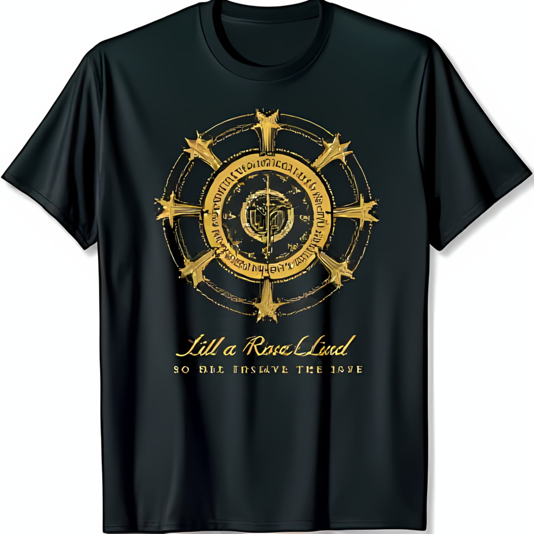 Black T-Shirt with Intricate Golden Circle Design & Lill a Rose Lived ...