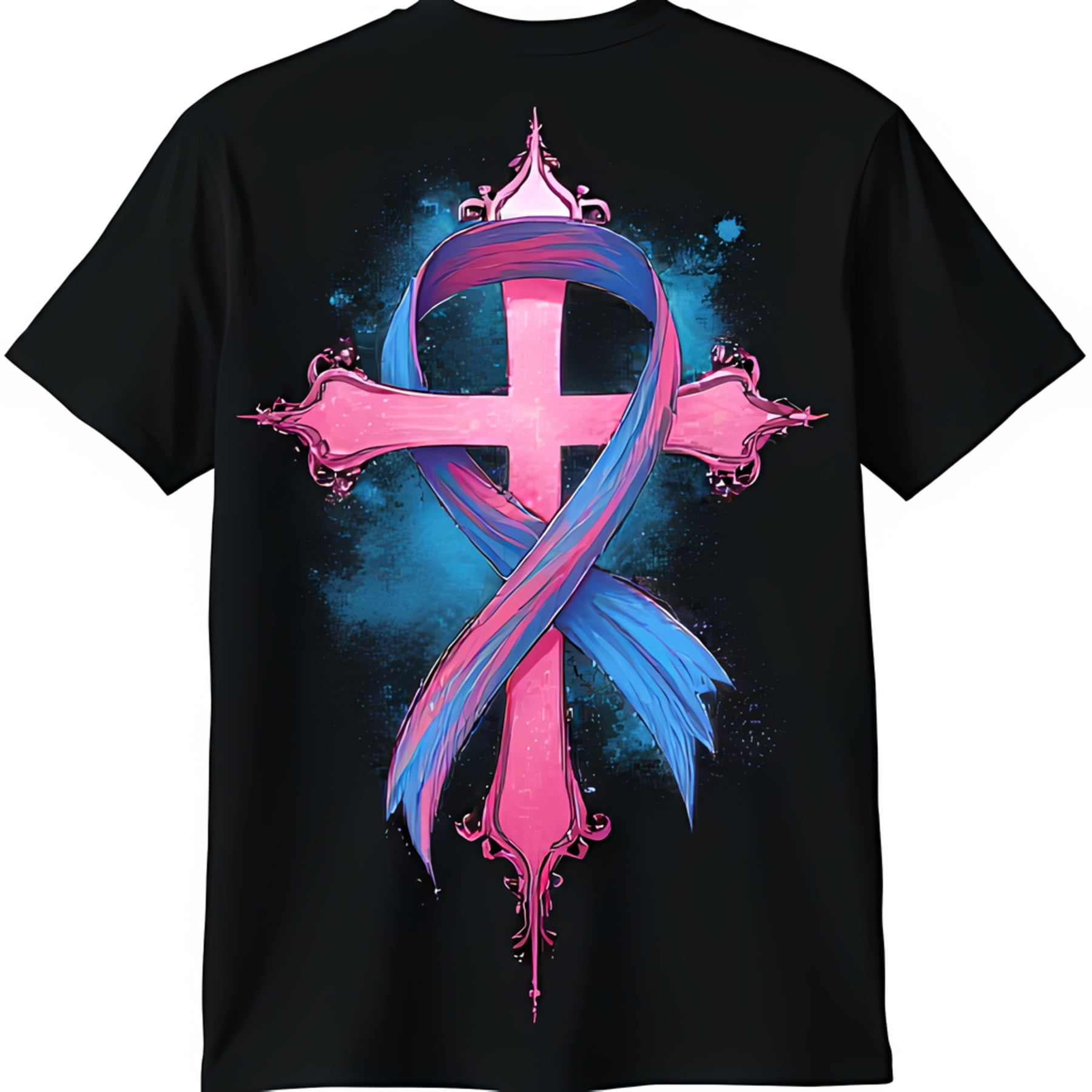 Black T-Shirt with Intricate Pink and Blue Ribbon Design Faith ...