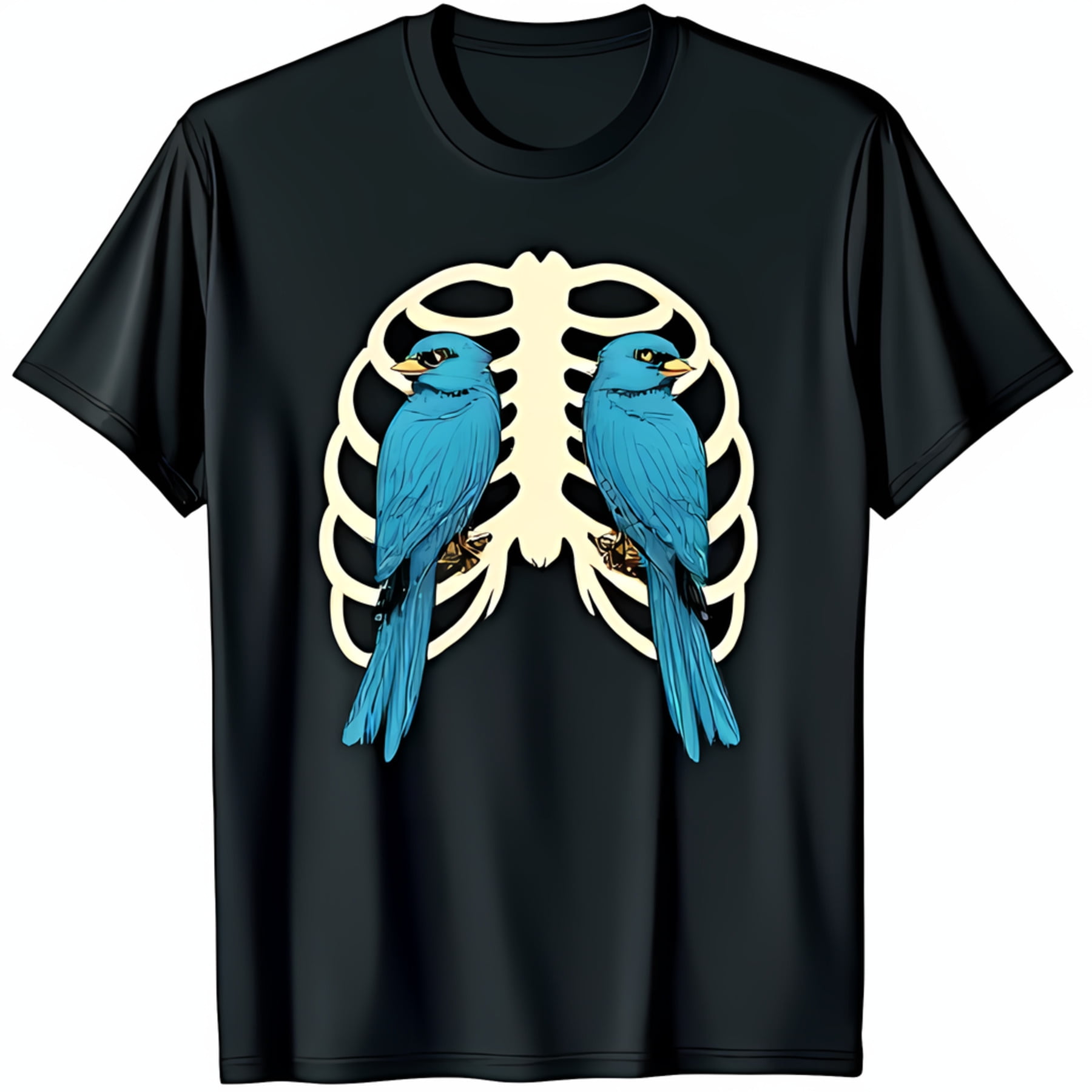 Black T-Shirt with Intricate Skeletal Ribcage and Vibrant Blue Birds ...