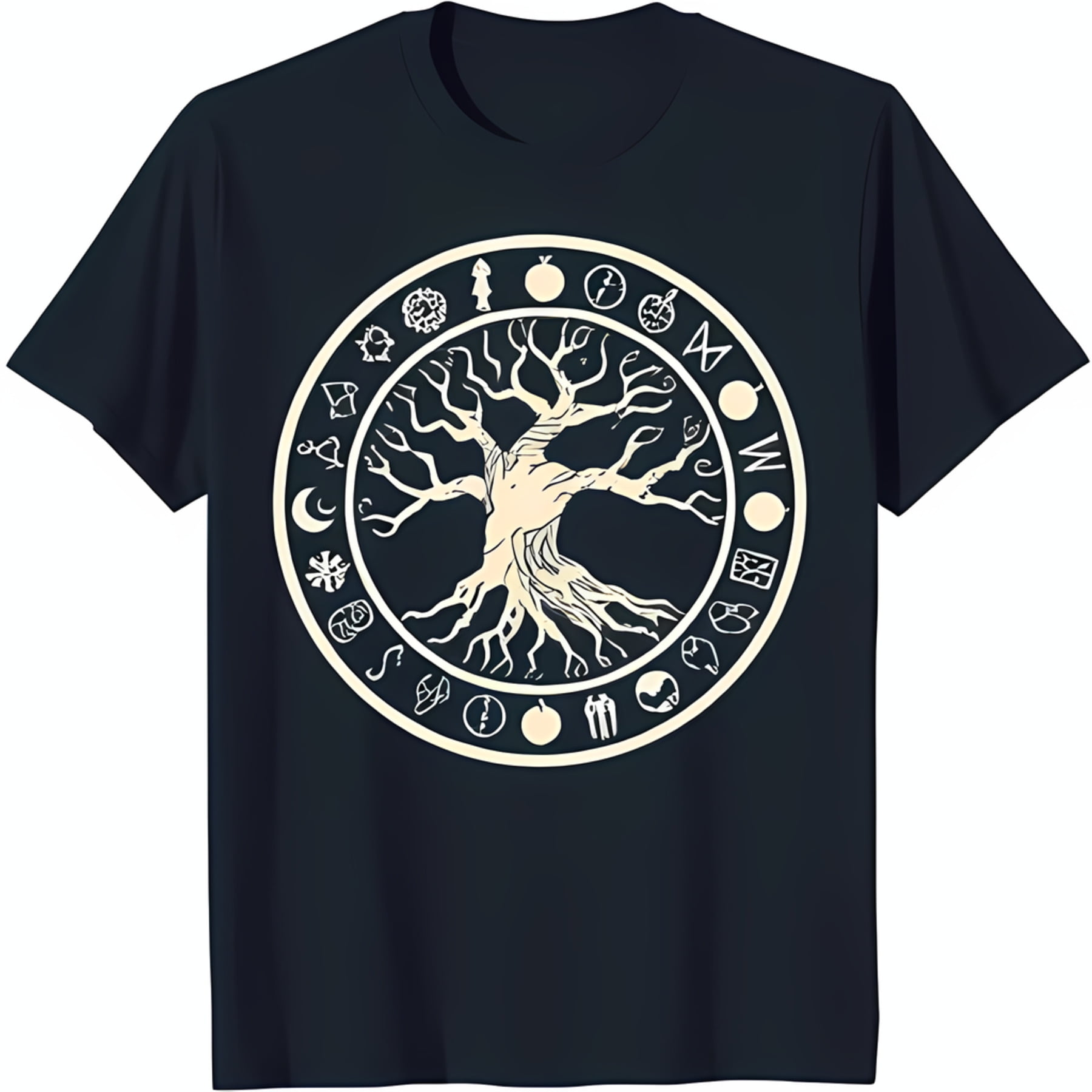 Black T-Shirt with Intricate Tree Design and Symbol Circle Nature ...