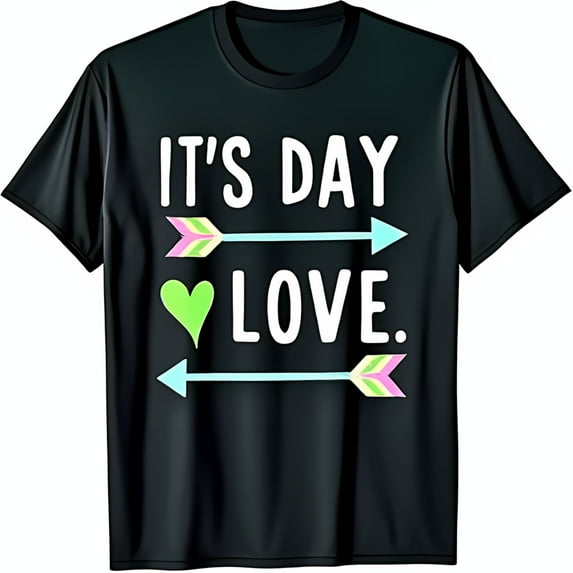 Black T-Shirt with It's Day Love Graphic Colorful Arrows & Green Heart ...