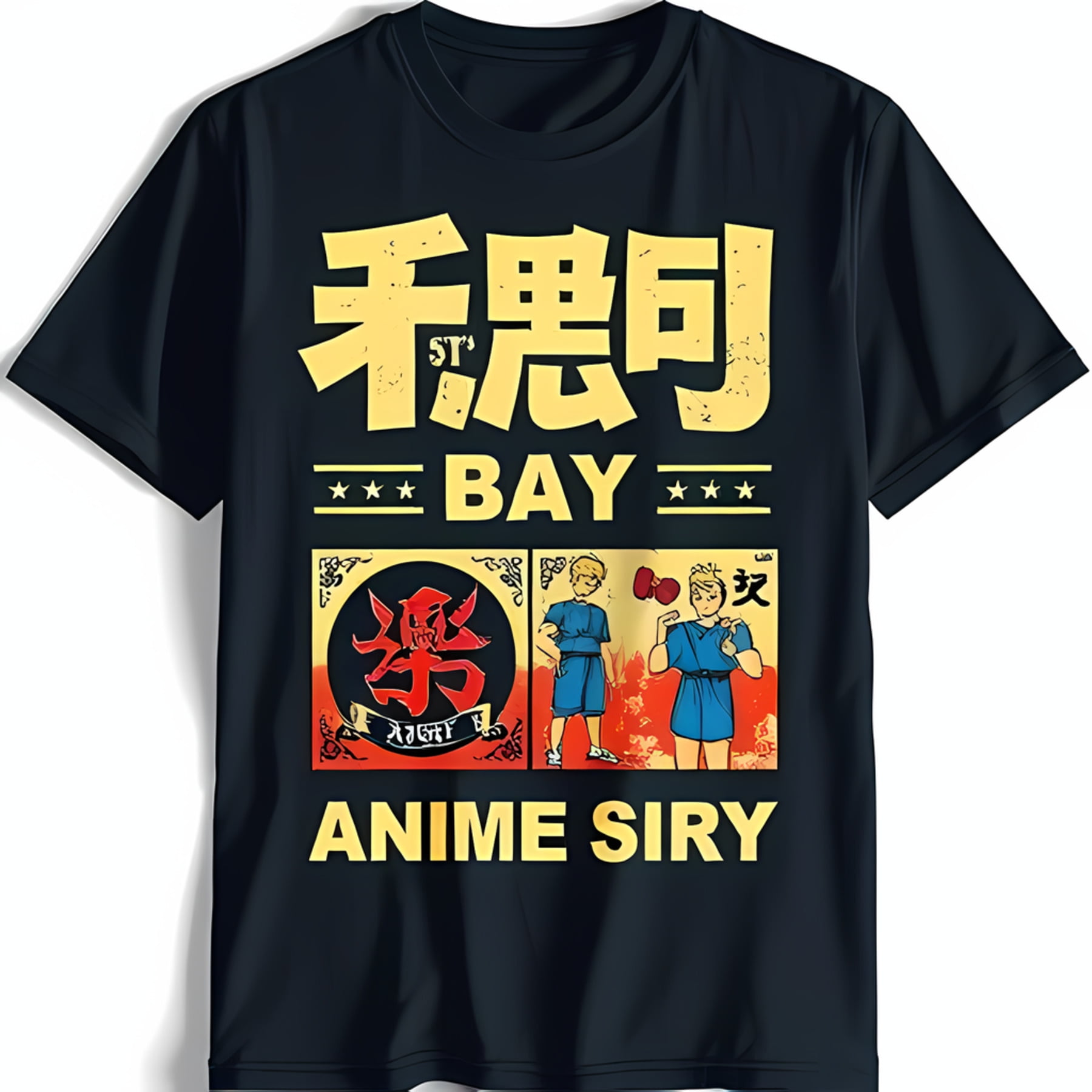 Black T-Shirt with Japanese Characters Anime Illustrations 'Bay ...