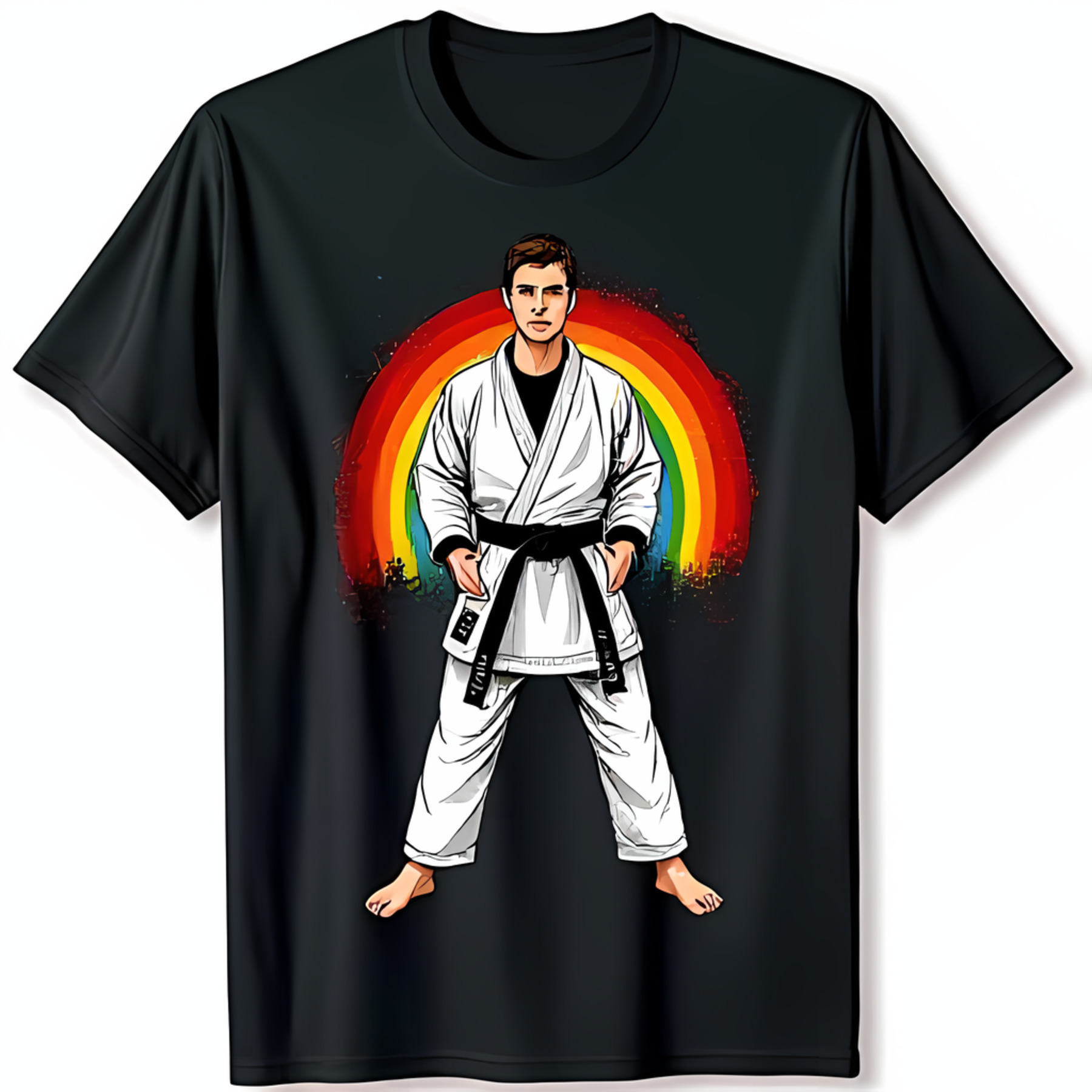 Black T-Shirt with Karateka Graphic & Rainbow Arch Design - Walmart.com