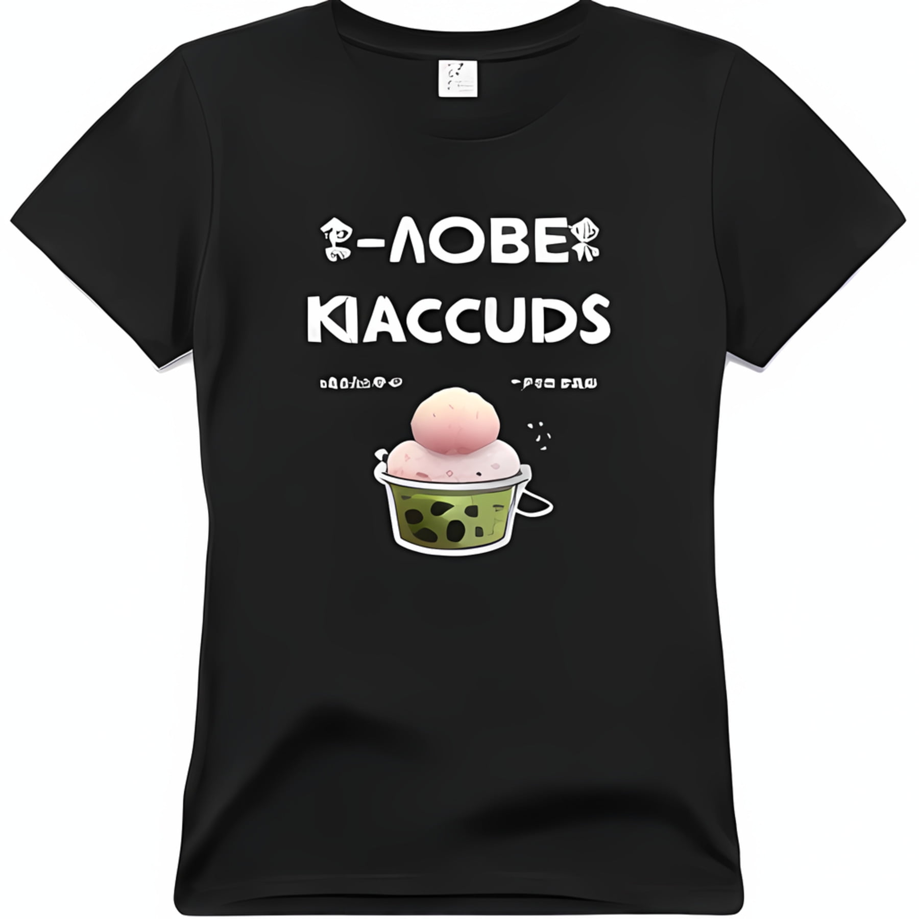 Black T-Shirt with Kawacy Style Kacing Manga Character Chibi Mochi Ice ...