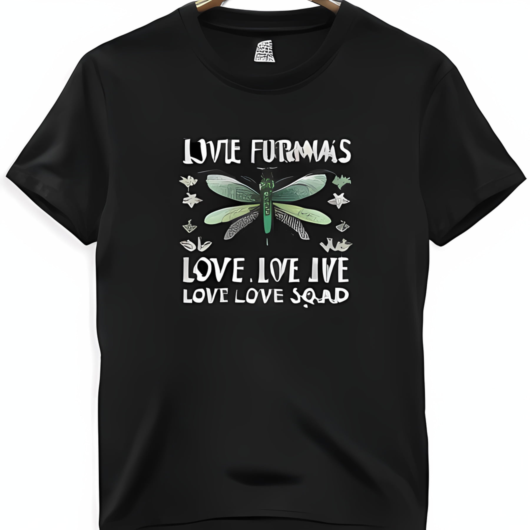 Black T-Shirt with 'LOVE FUR' Text and Dragonfly twork Green Outlined ...