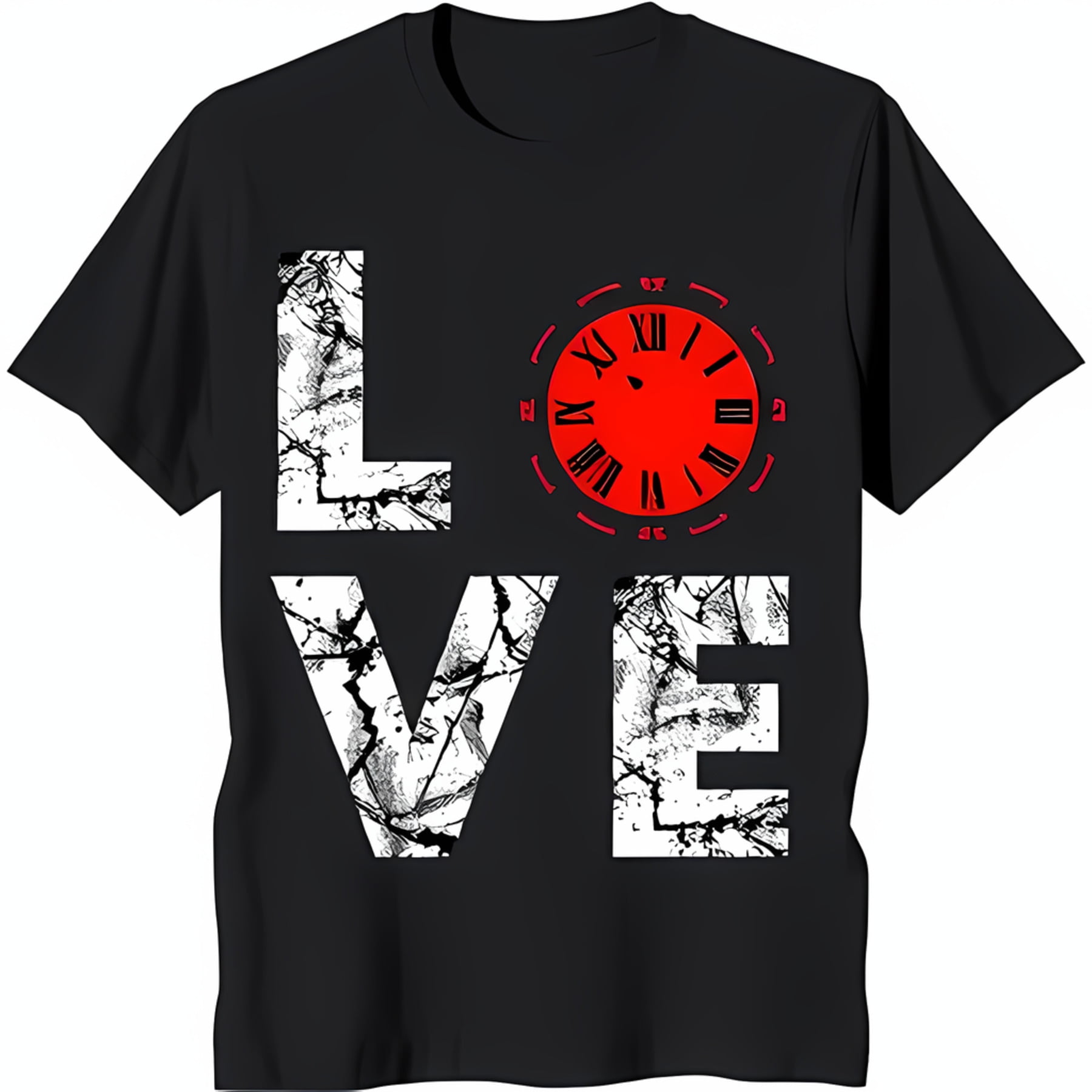 Black T-Shirt with 'LOVE' Graphic & Red Clock Face Design - Walmart.com