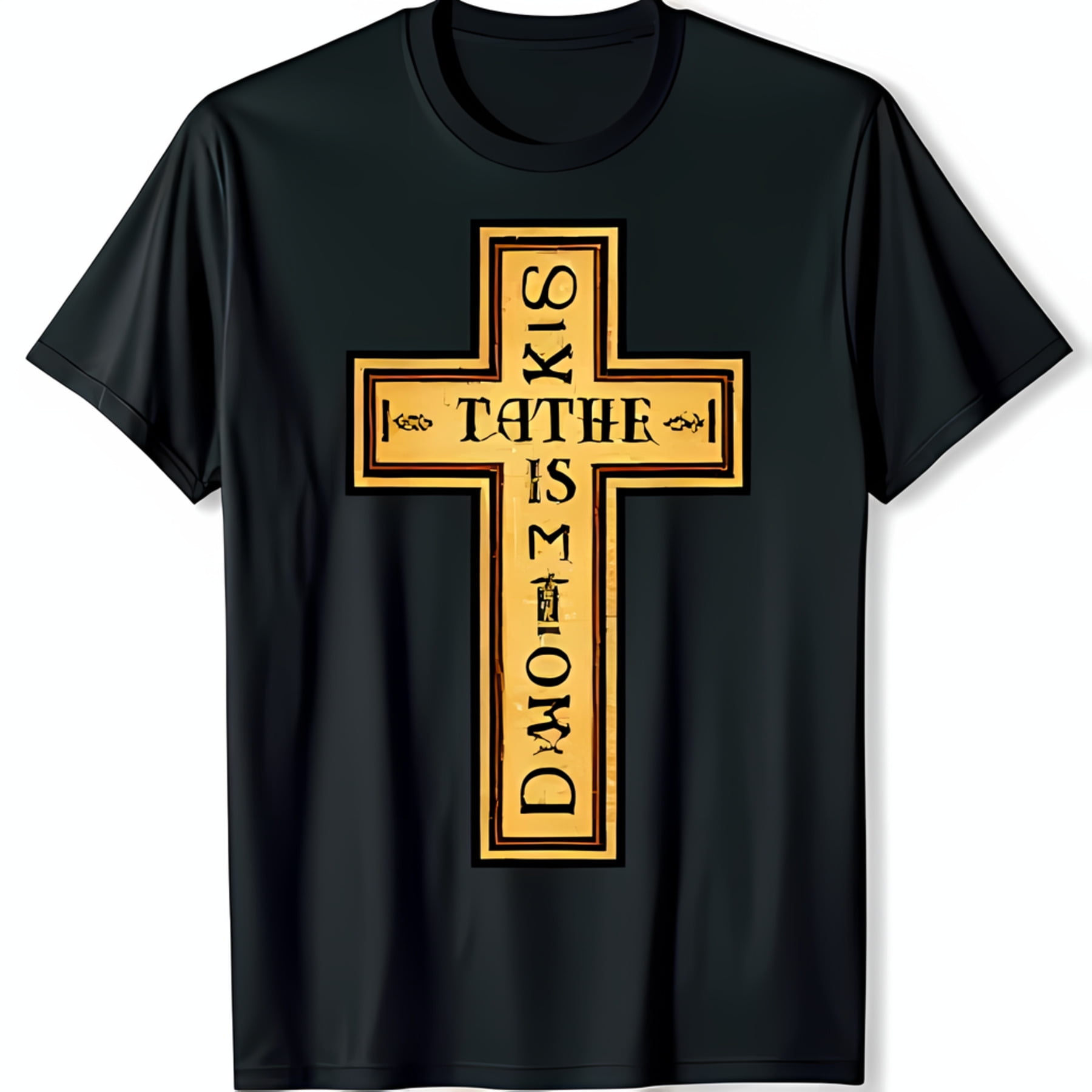 Black T-Shirt with Large Gold and 'Tathe is M O M D' Inscription Faith ...