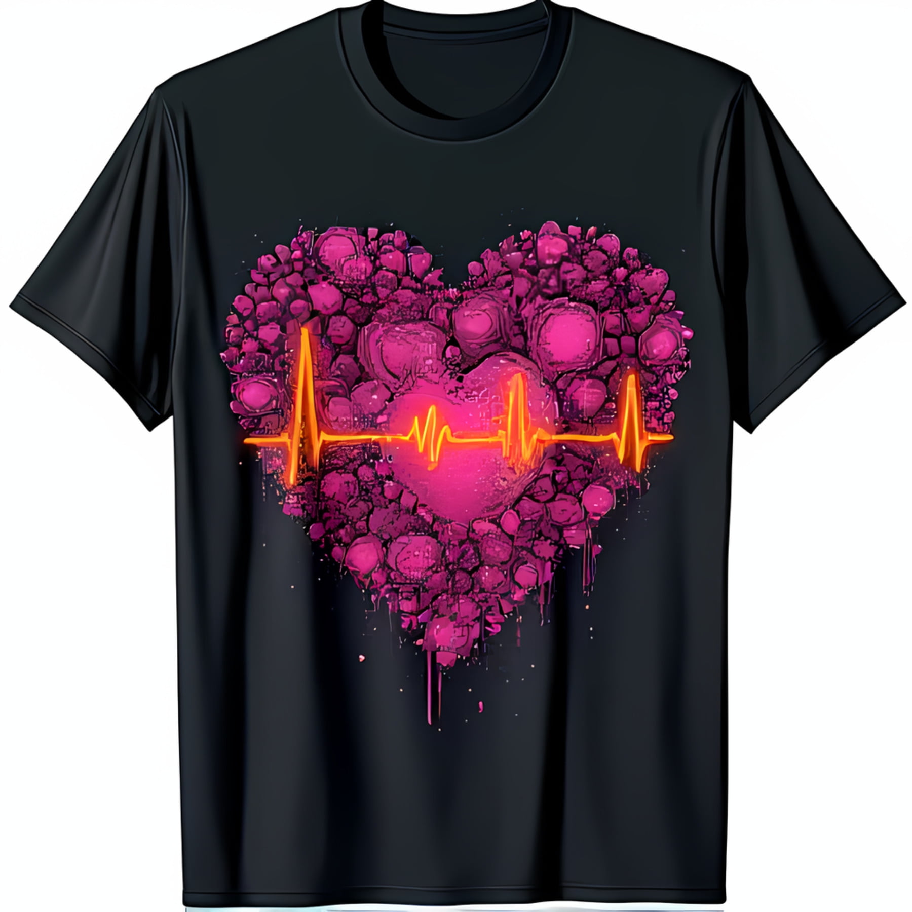 Black T-Shirt with Large Pink Heart Design and EKG Line Unique Graphic ...