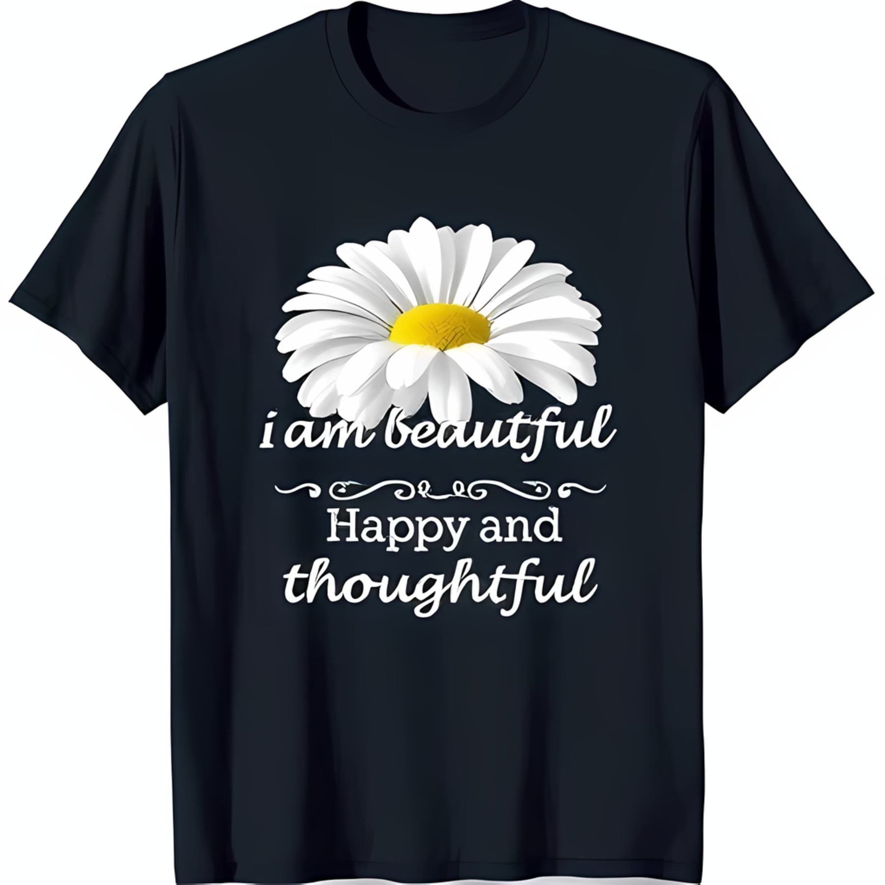 Black T-Shirt with Large White Daisy 'I Am Beautiful' & 'Happy and ...