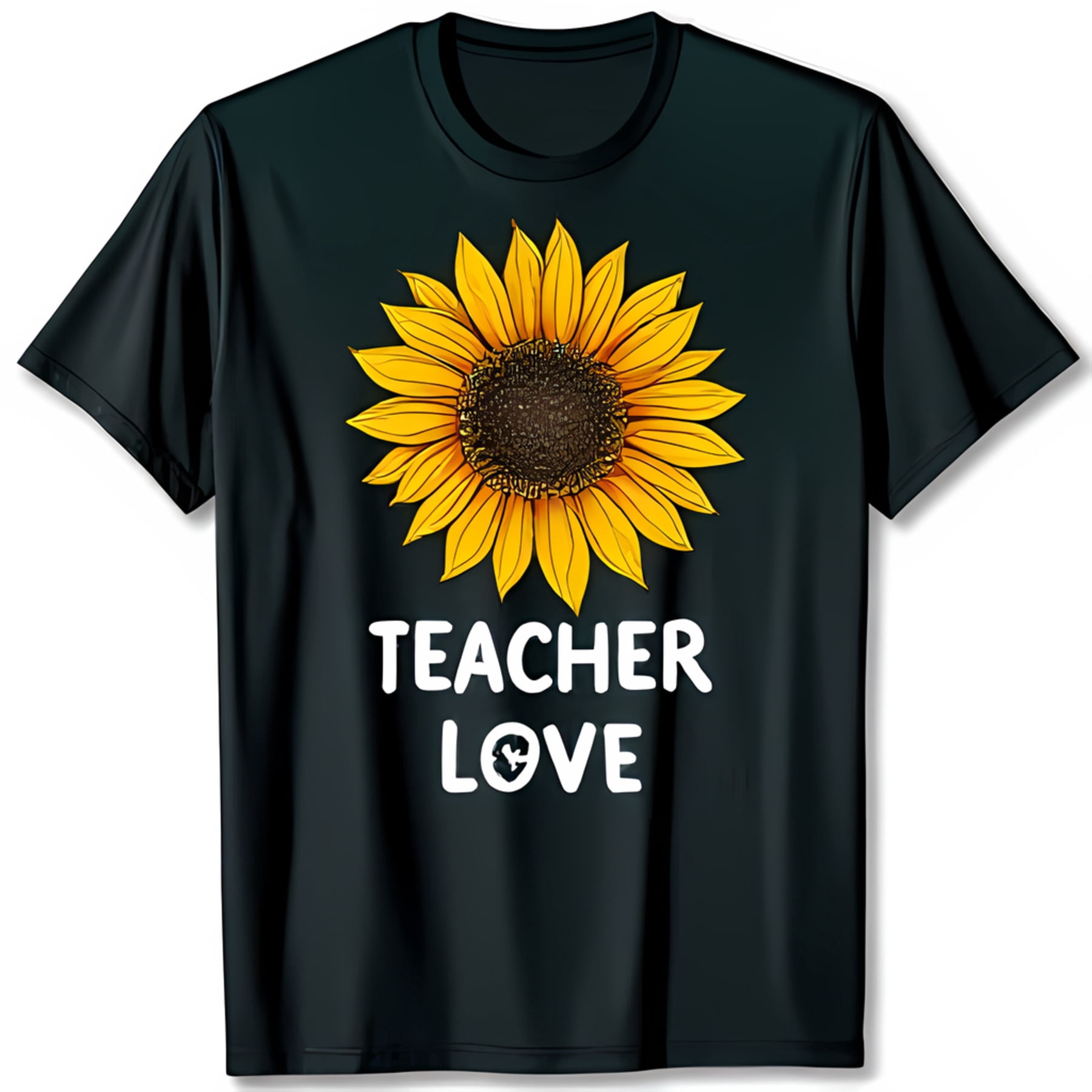 Black T-Shirt with Large Yellow Sunflower & Teacher Love Text Soft ...
