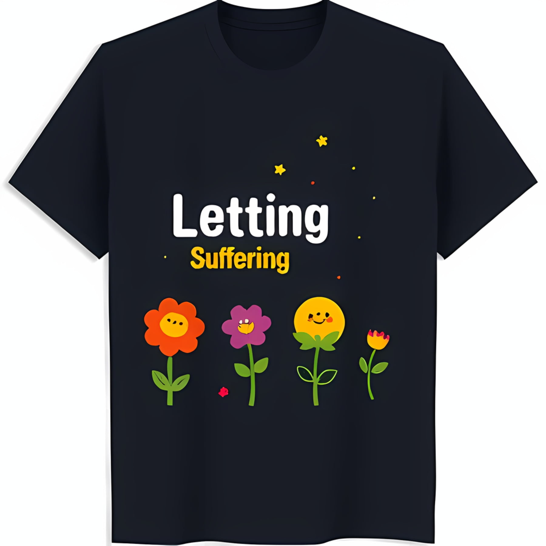 Black T-Shirt with 'Letting Suffering' Text and Colorful Cartoon ...