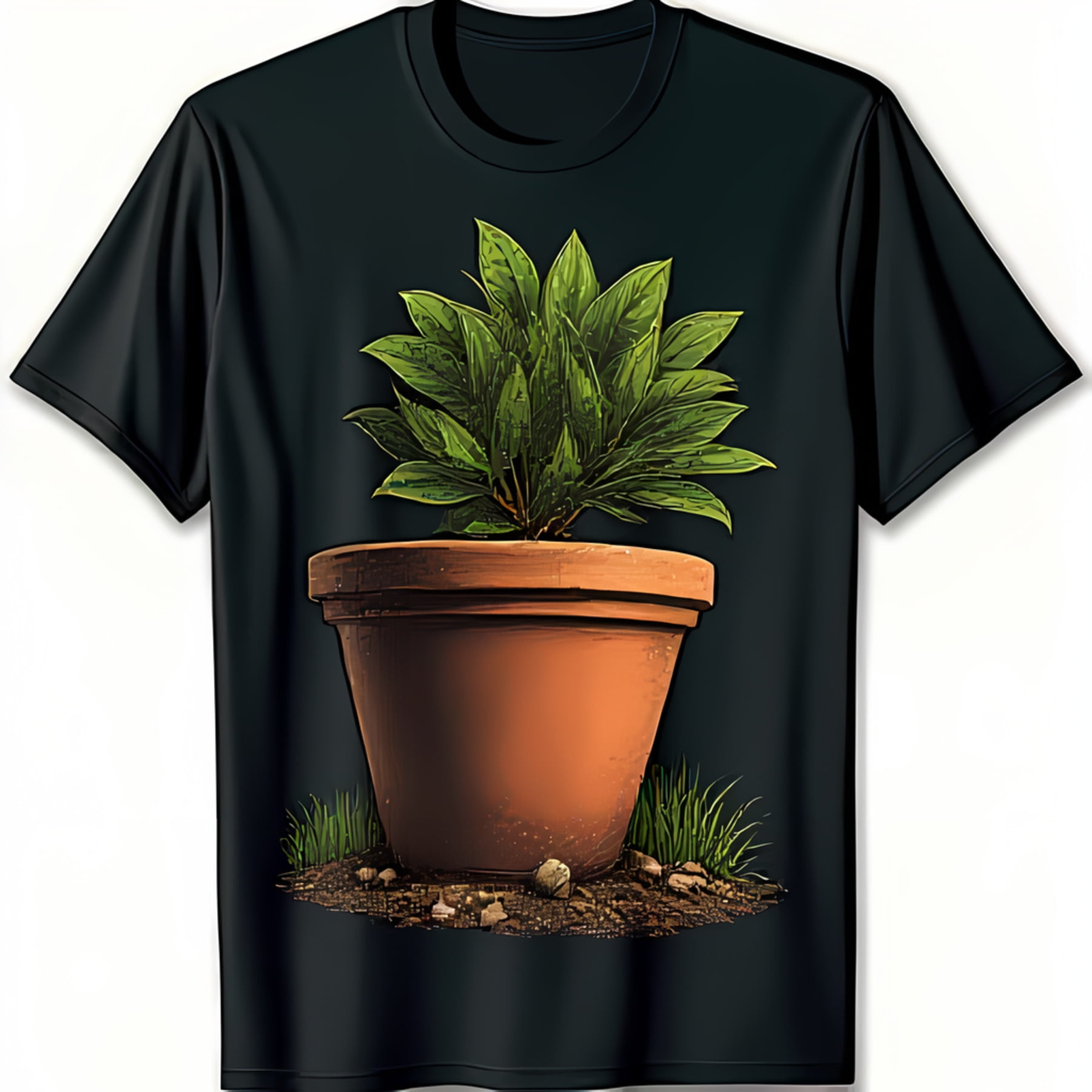 Black T-Shirt with Light Green Houseplant Graphic in Terracotta Pot ...