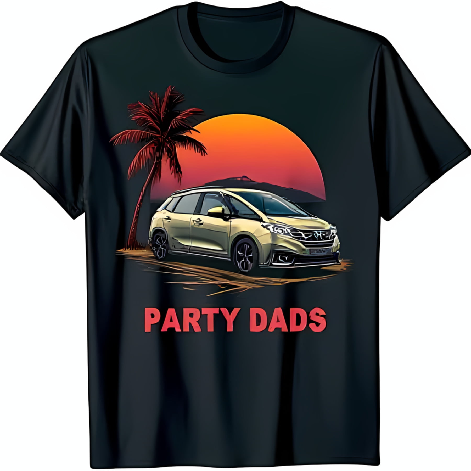 Black T-Shirt with Light Green Minivan on Beach Tree & Sunset PARTY ...