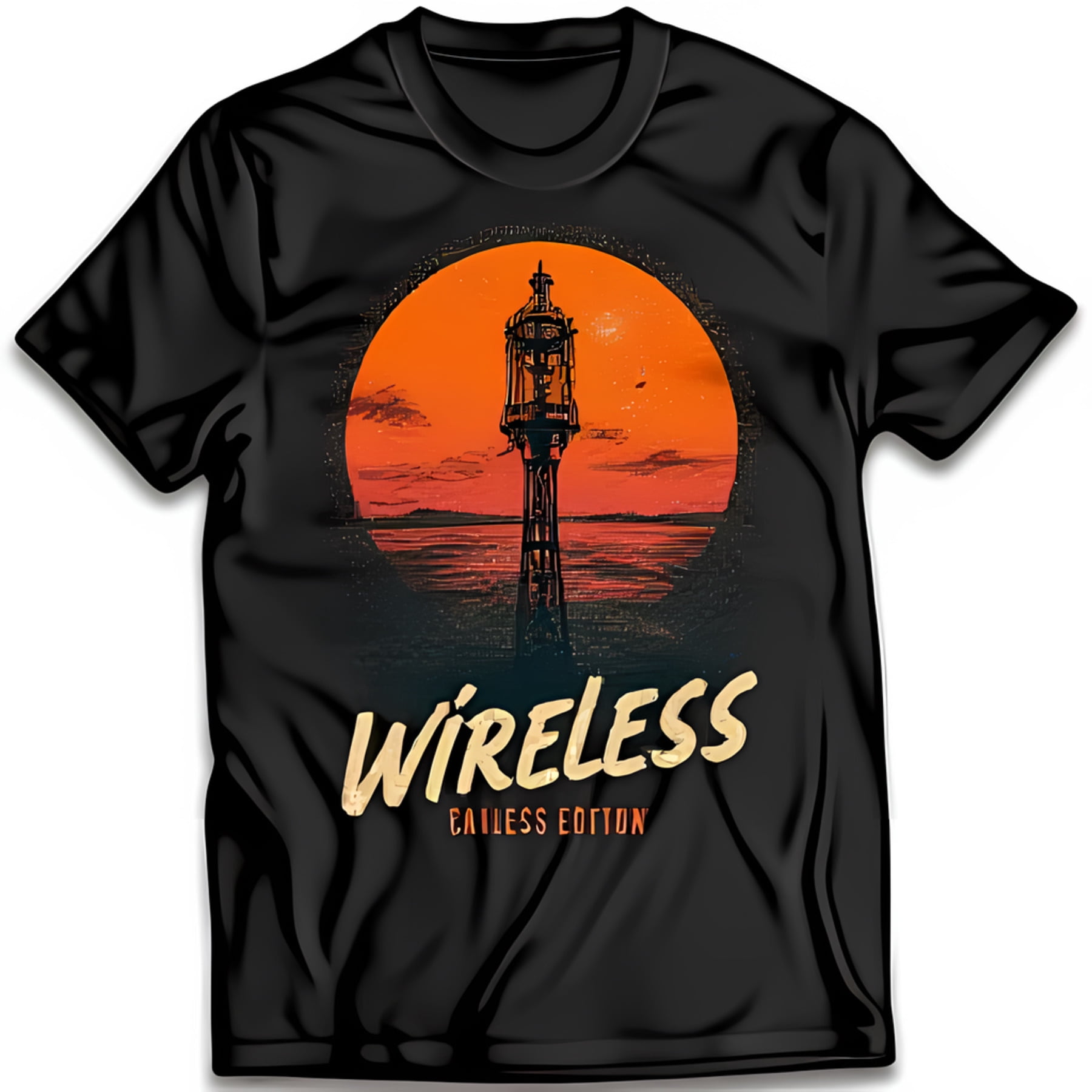 Black T-Shirt with Lighthouse Graphic and Sunset Design Wireless ...