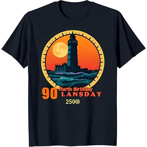 Black T-Shirt with Lighthouse Sunset Graphic 'Harth Birthday LANSDAY ...