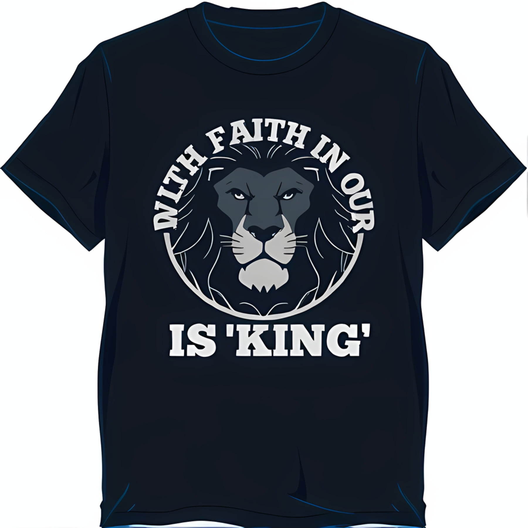 Black T-Shirt with Lion's Head Design and 'With Faith In Our Is King ...