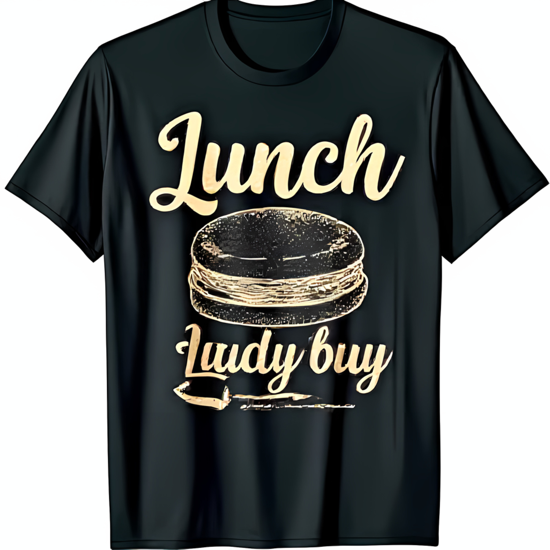 Black T-Shirt with Lunch Lady Buy Gold Script & Hamburger Graphic ...