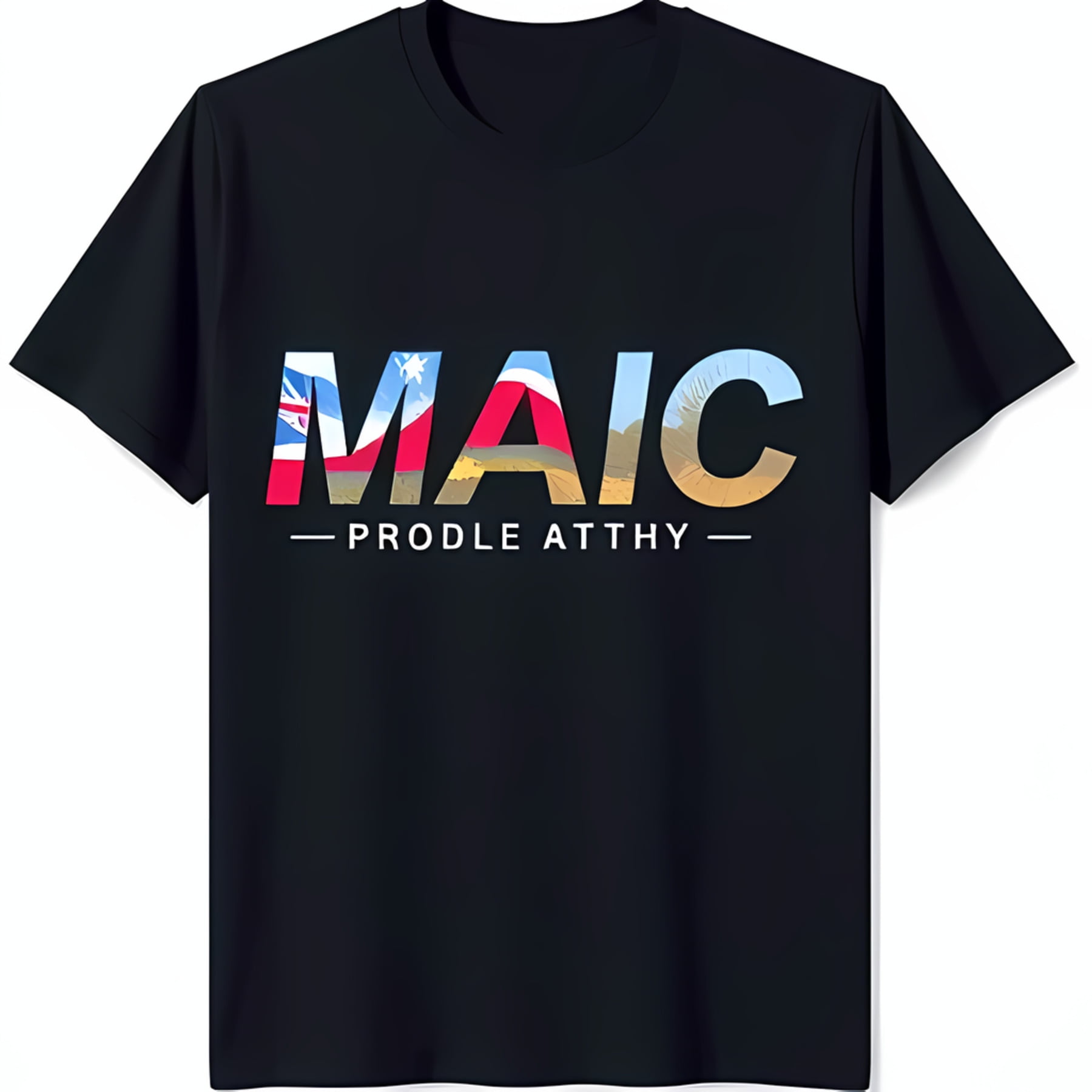 Black T-Shirt with 'MAIC' in White Letters Overlaid with & Landscapes ...