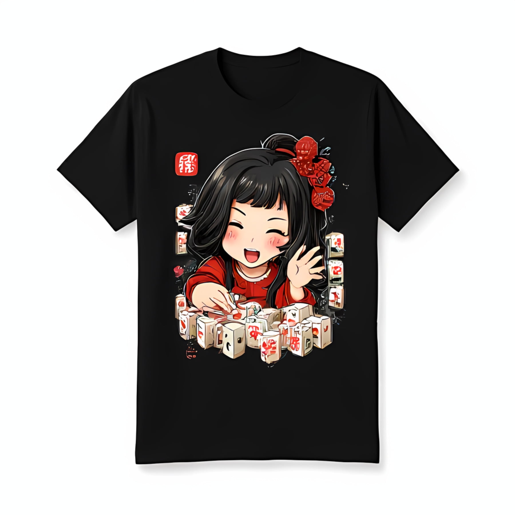 Black T-Shirt with Mahjong Graphic: Smiling Woman in Red Outfit ...